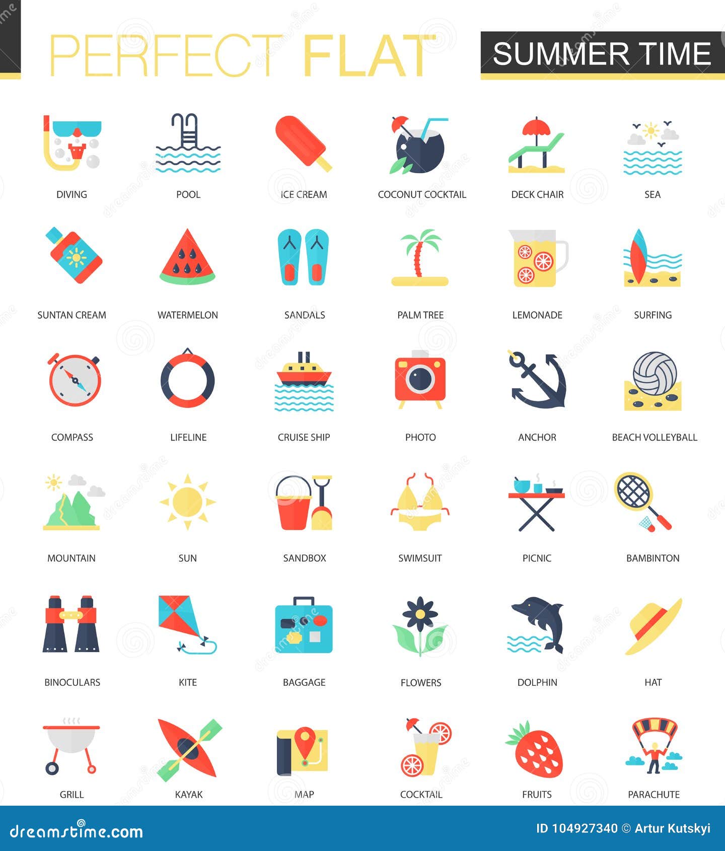 Vector Set of Flat Summer Time Icons. Stock Vector - Illustration of ...