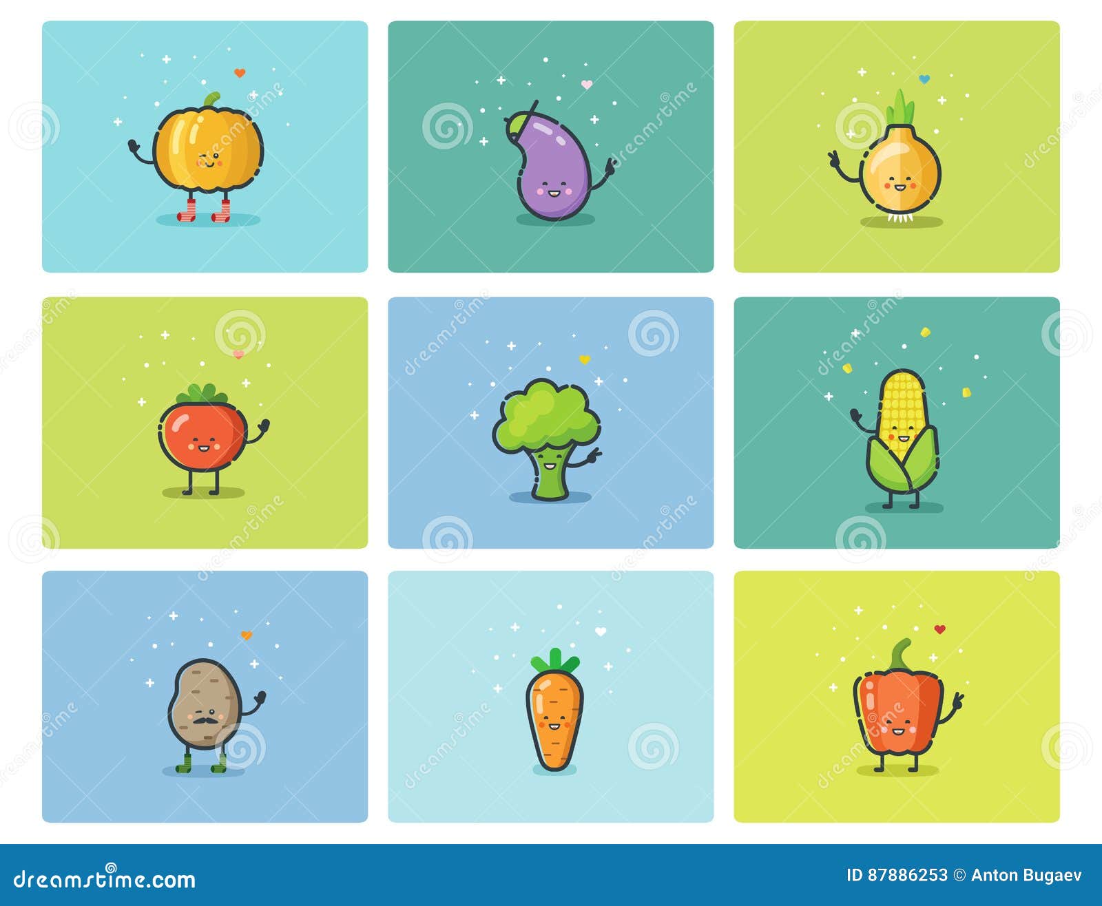 Vector Set of Flat Vegetable Icons, Cute Cartoon Characters Stock ...
