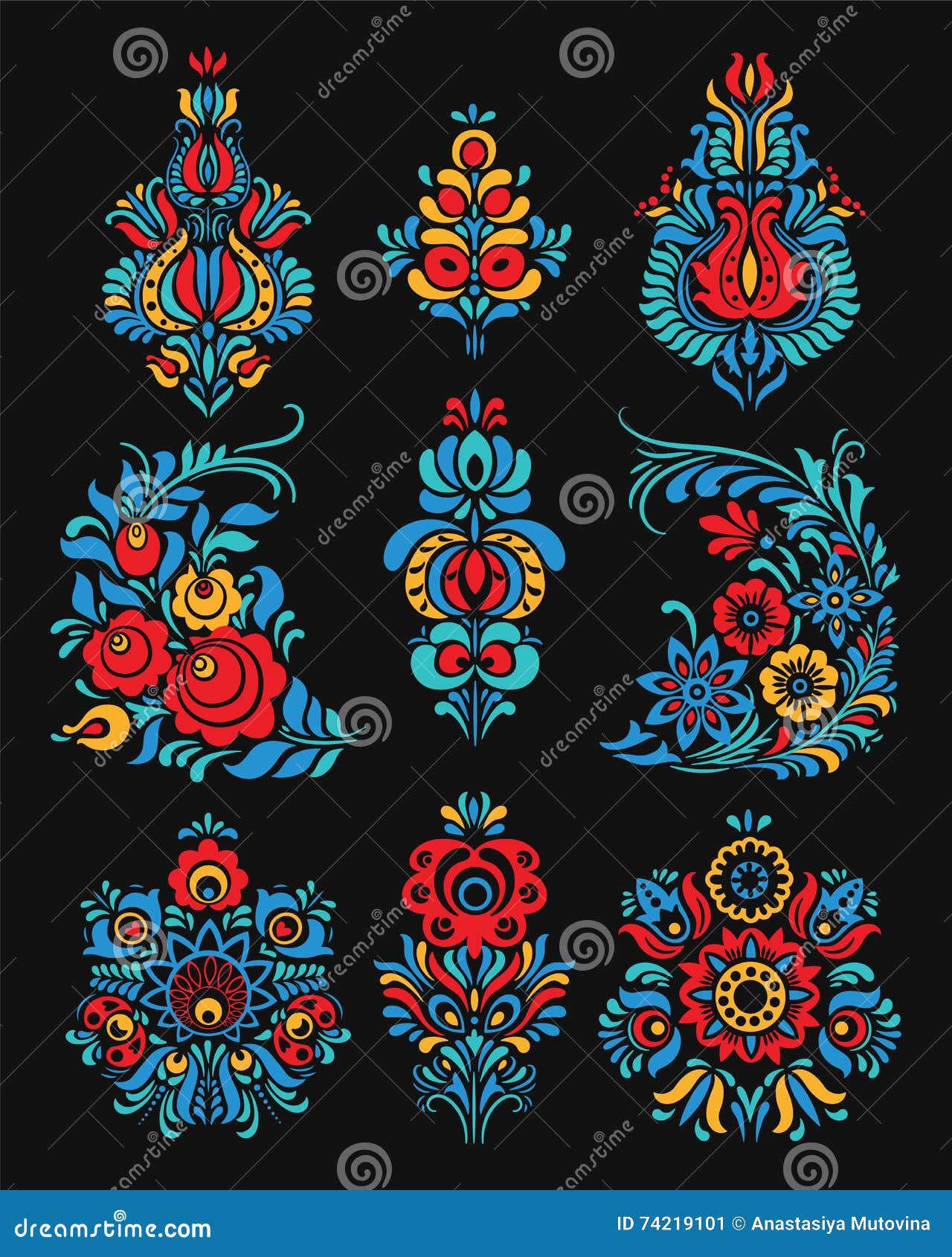 Vector Set of Flowers and Floral Composition in Russian Style Stock ...