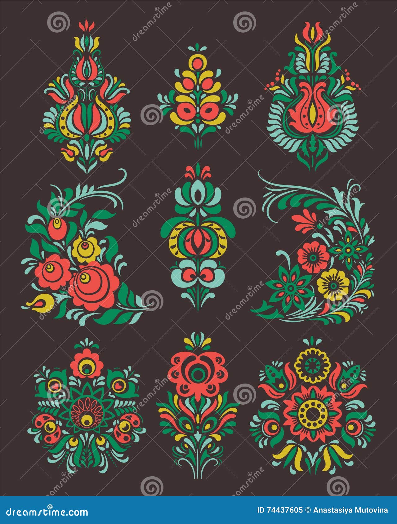Vector Set of Flowers and Floral Composition in Russian Style Stock ...