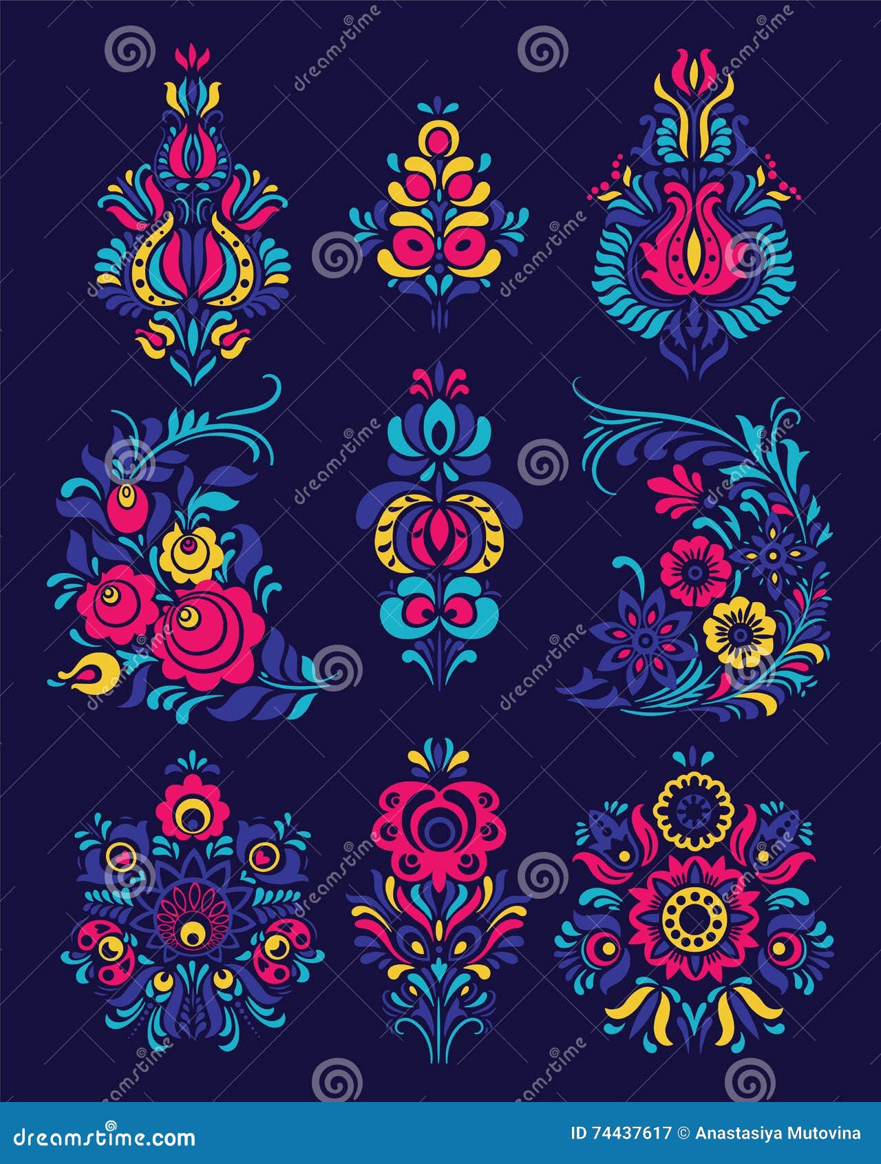 Vector Set of Flowers and Floral Composition in Russian Style Stock ...
