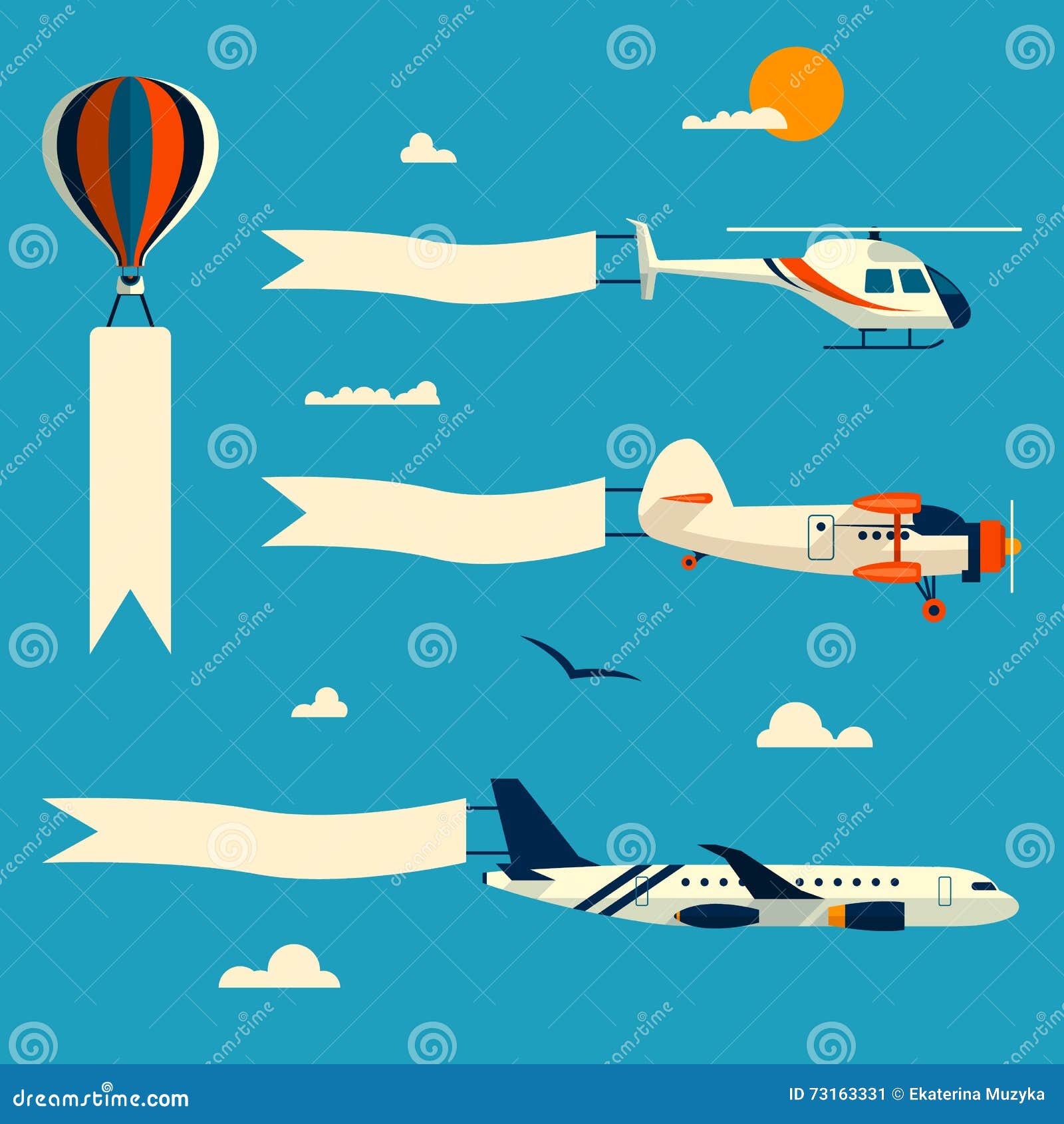 Vector Set Of Flying Balloon, Helicopter, Airplane And Retro Biplane ...
