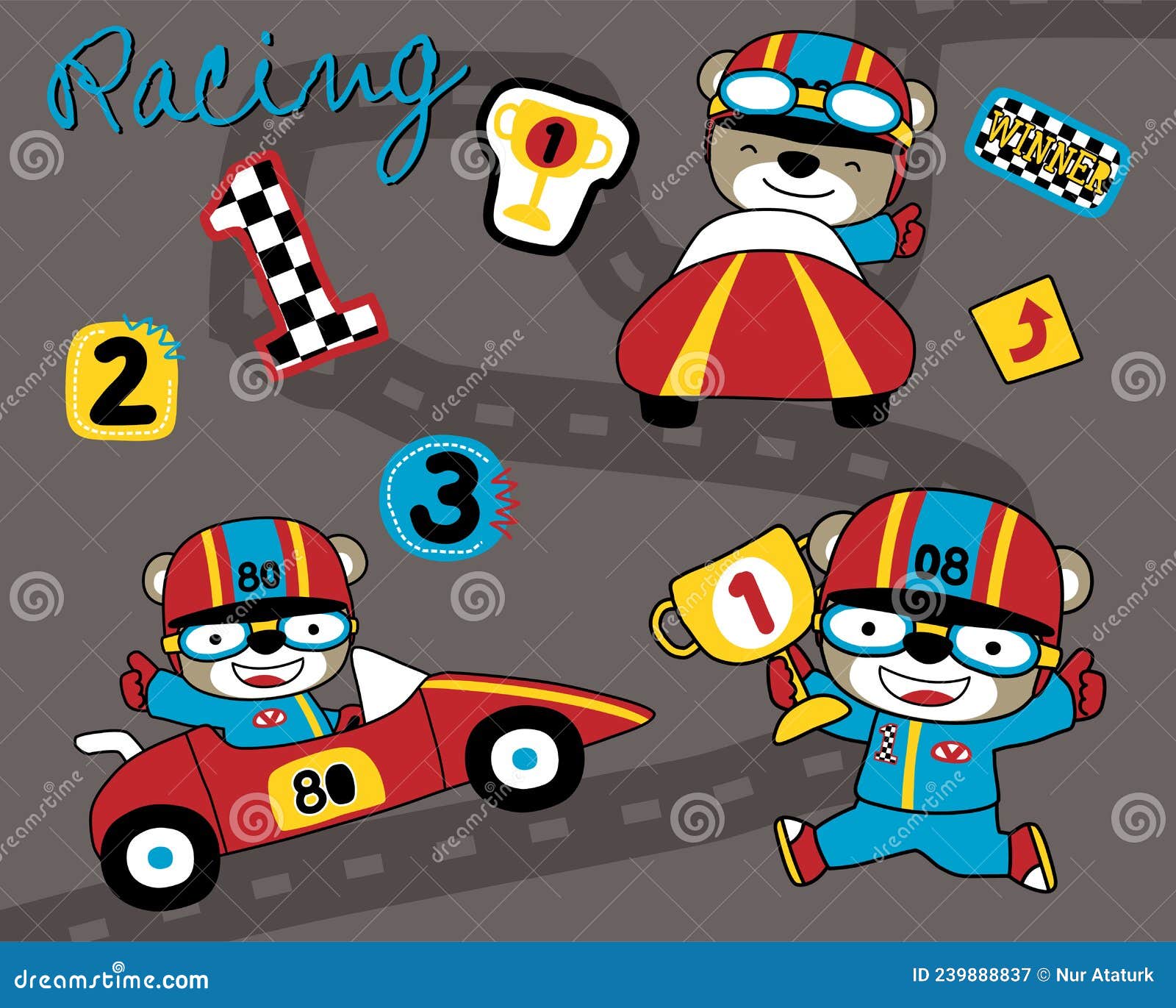 Vector Set of Bear Cartoon the Funny Racer Stock Vector - Illustration ...