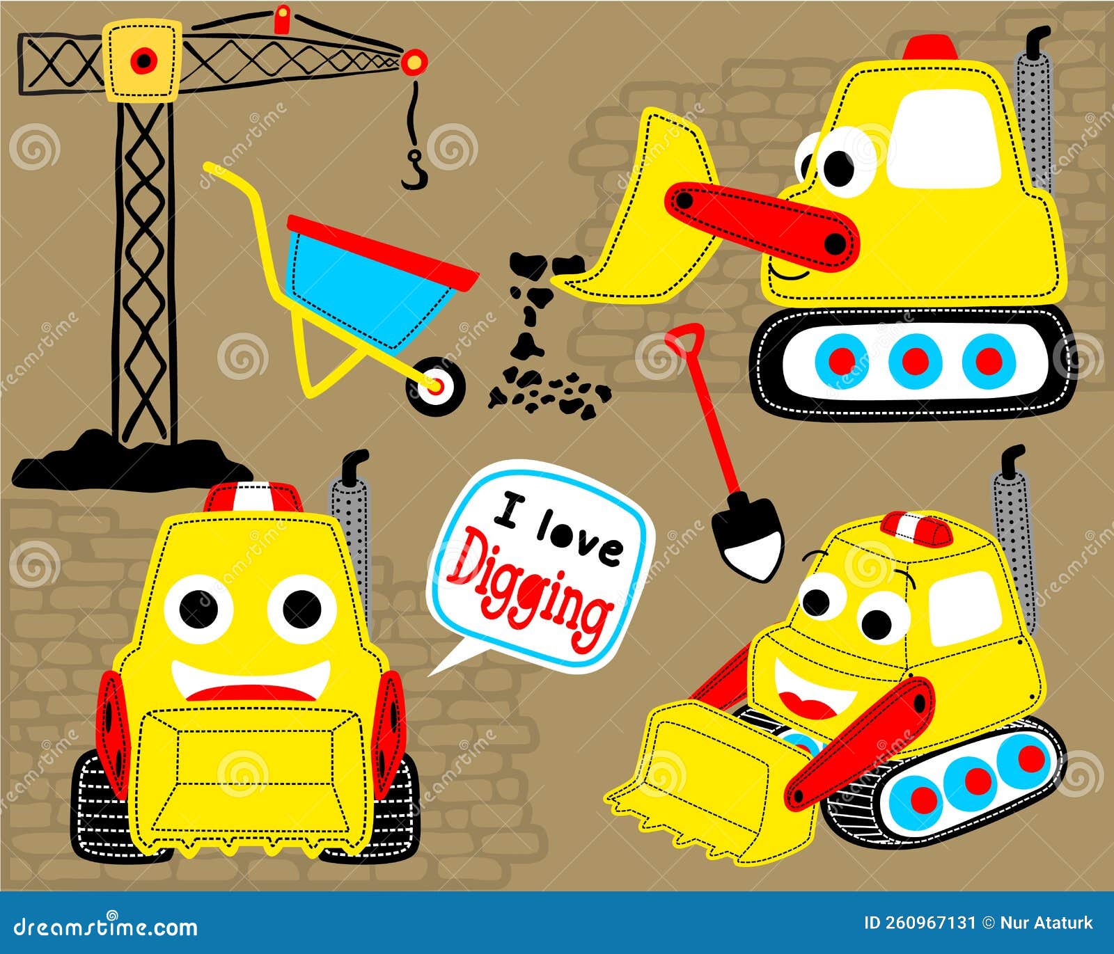 Vector Set of Funny Digger Cartoon with Construction Elements Stock ...