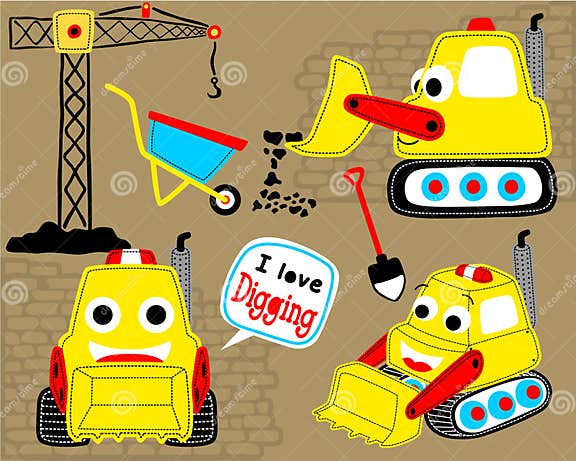 Vector Set of Funny Digger Cartoon with Construction Elements Stock ...