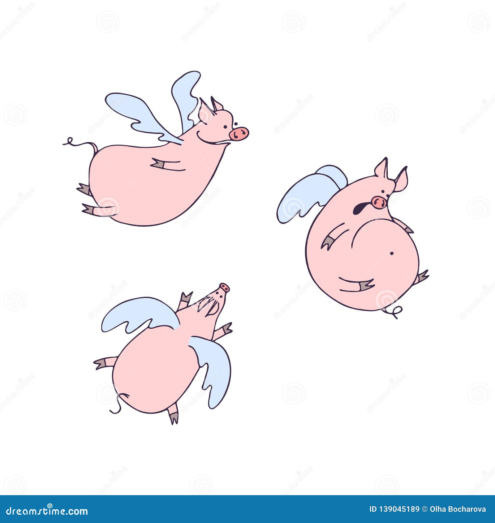 Vector Set of Funny Flying Cartoon Pigs with Wings. Pigs Angels Stock ...