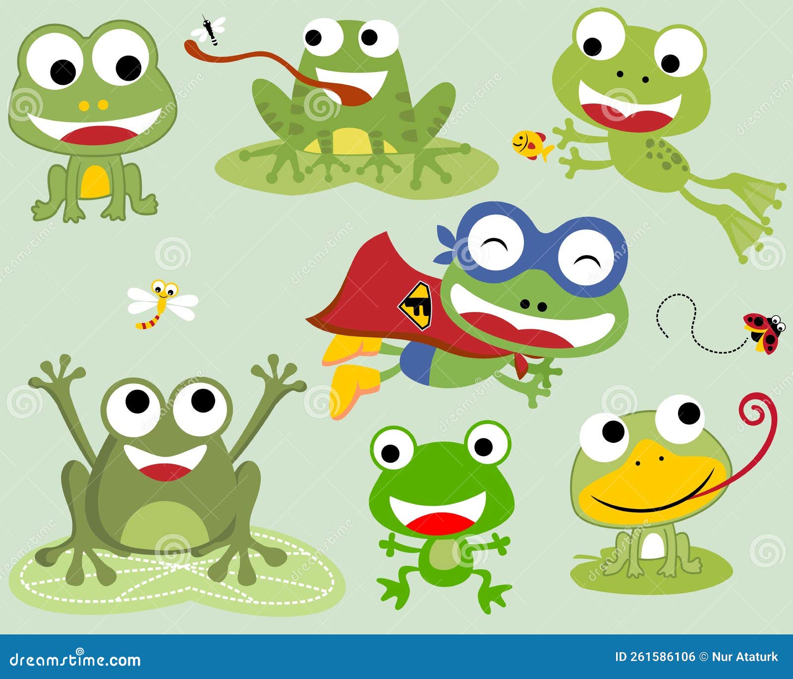 Vector Set of Funny Frogs Cartoon in Different Activity with Bugs and ...