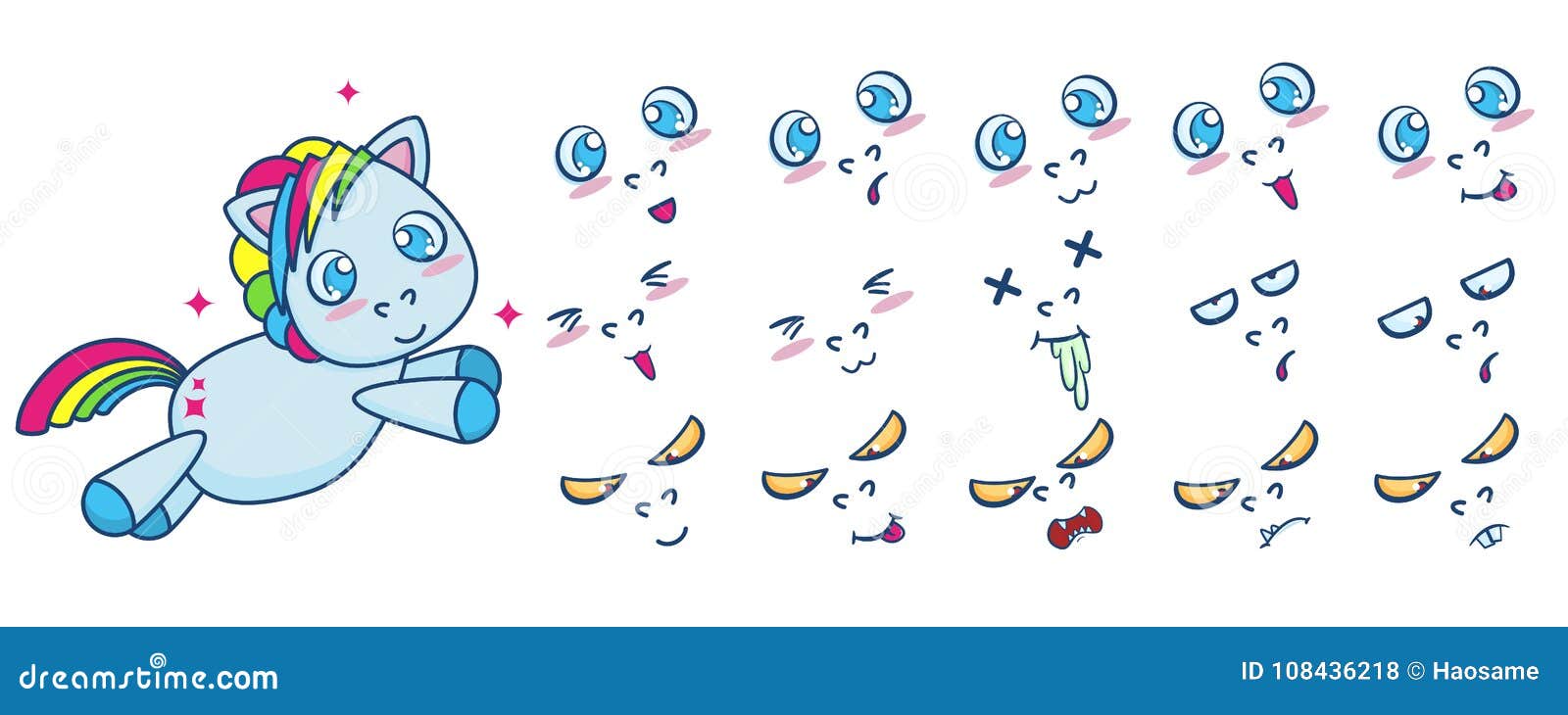 Vector Set of Galloping Cute Pony with Different Face Emotions. Stock ...