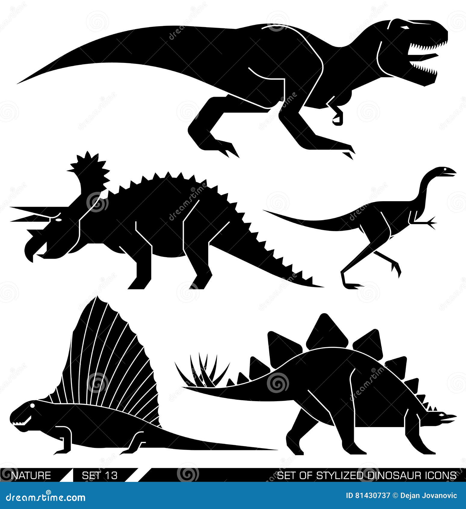 Dinosaur Icons Vector. Dinosaur Egg And Volcano, Dinosaur Skeleton And ...