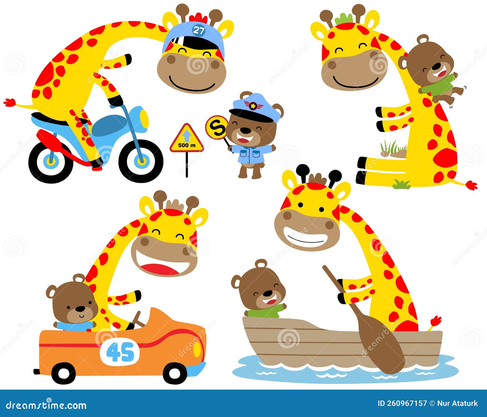 Vector Set of Giraffe Cartoon in Different Activities with Little Bear ...
