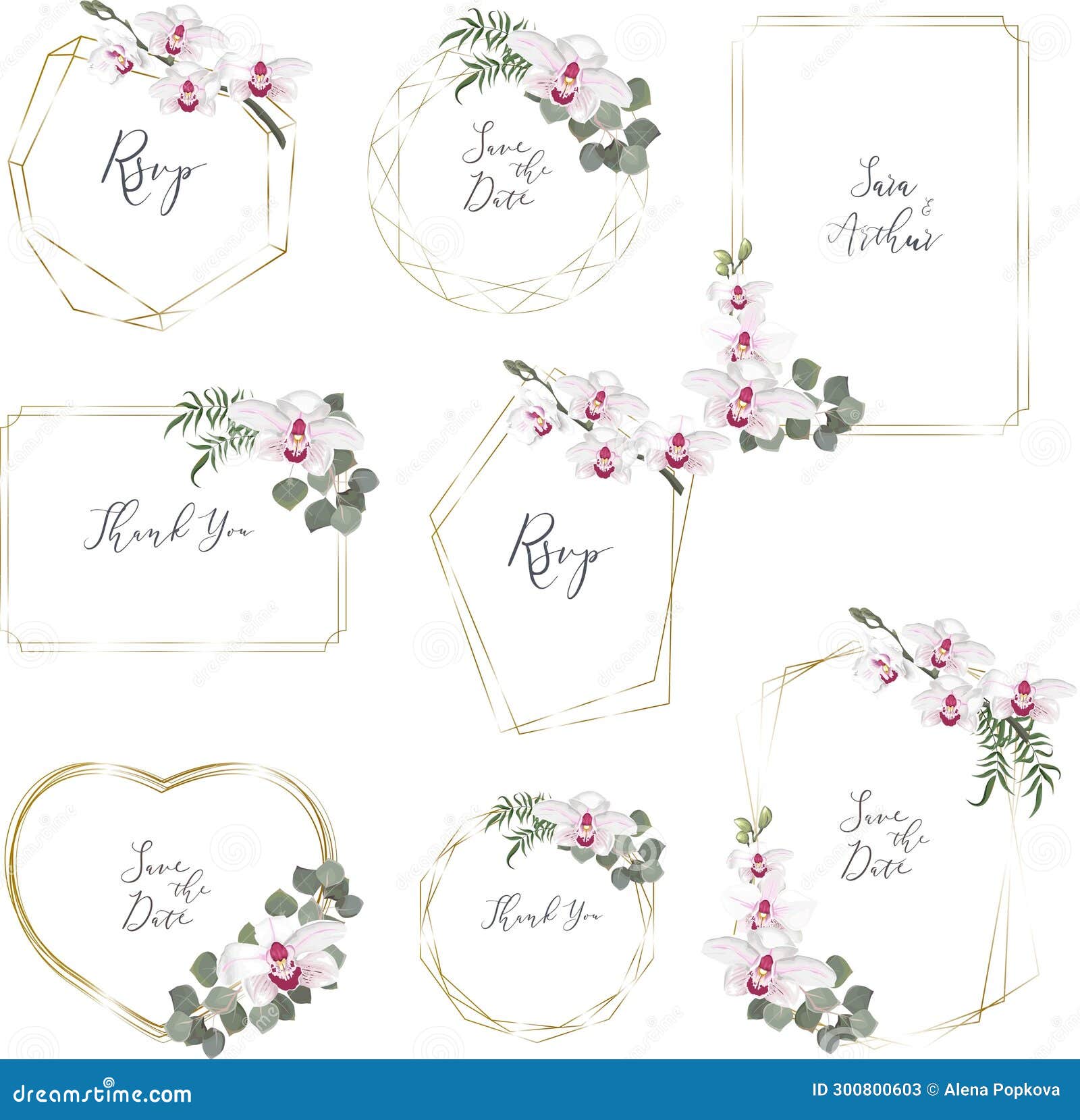 Vector Set of Gold Frames of Different Shapes and with White Orchid ...