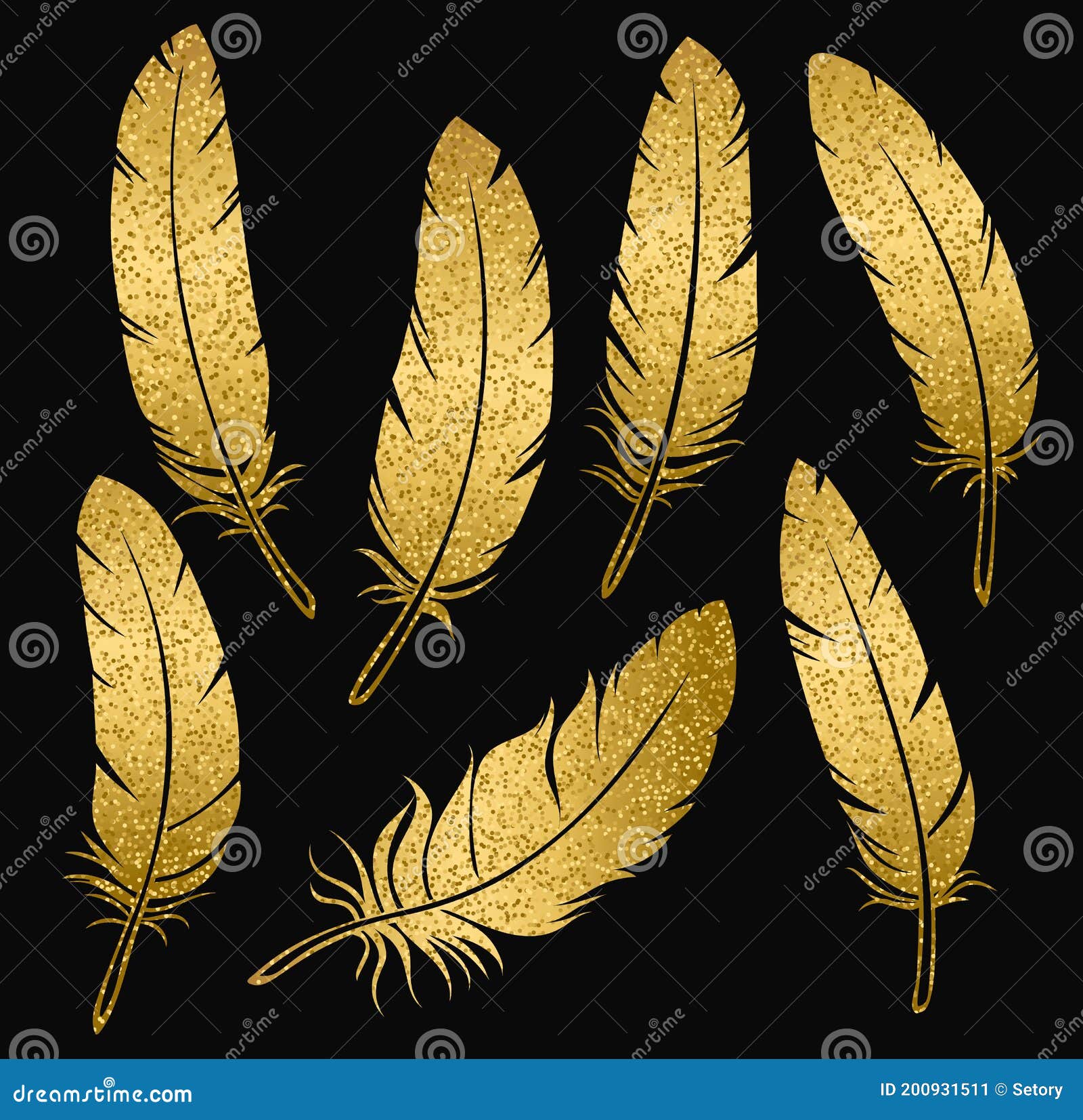 Vector Set of Golden Bird Feathers on a Black Background Stock Vector ...