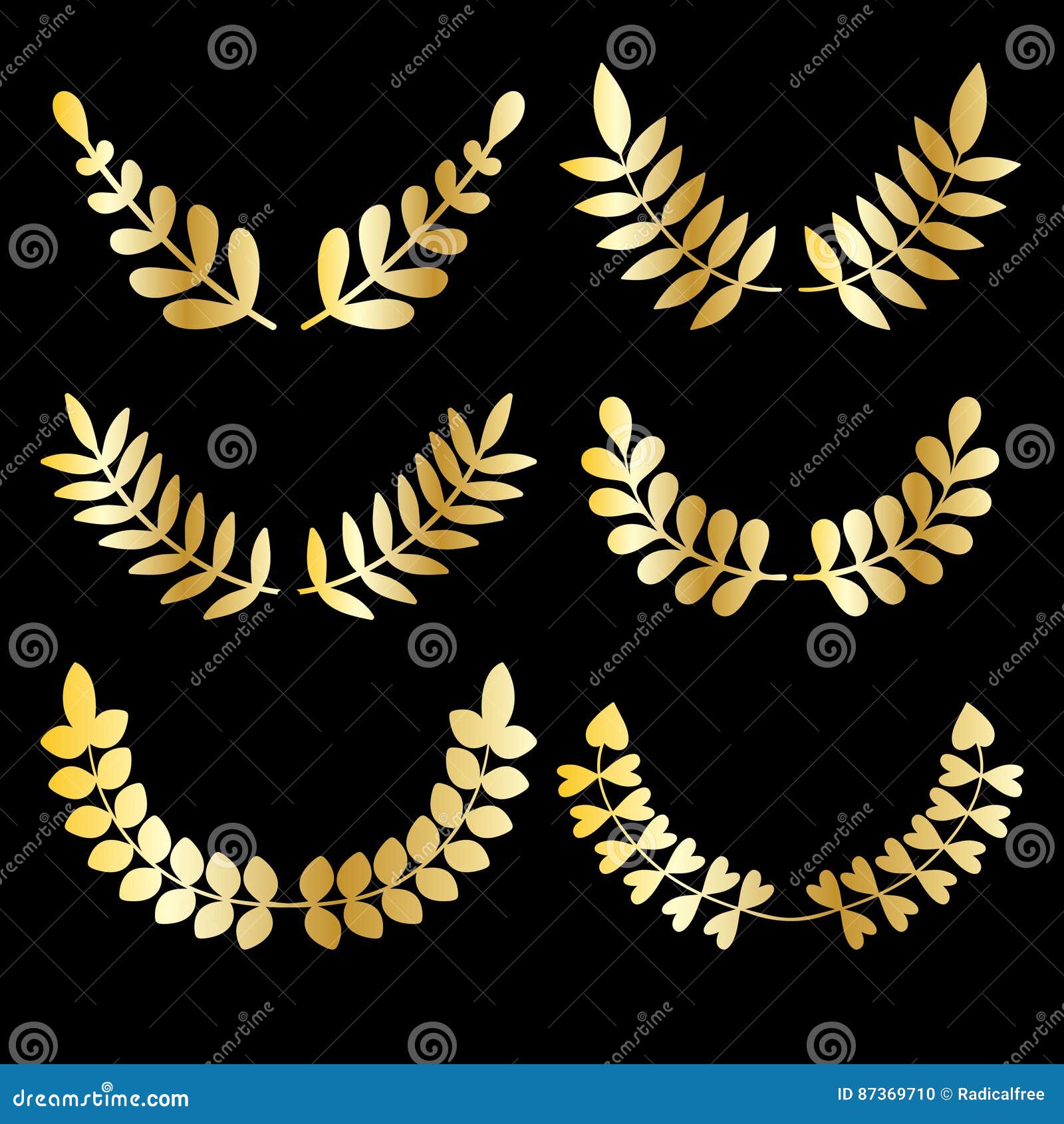 Vector Set of Golden Design Floral Laurels Isolated on Black Background ...