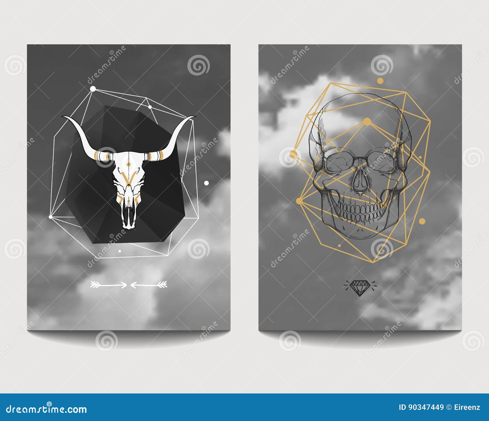 Vector Set of Gothic Style Posters with Bull and Human Skulls Stock ...