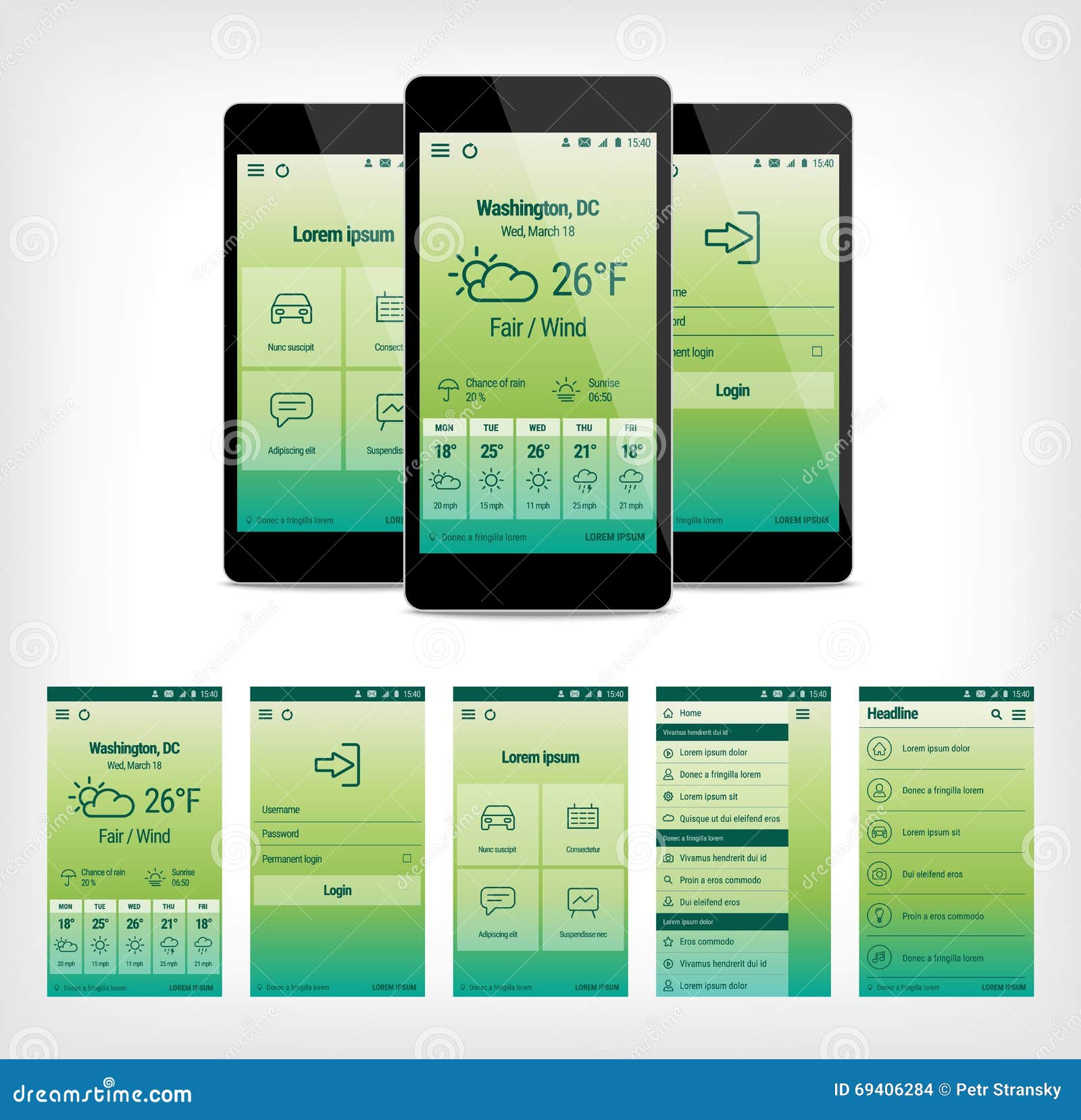 Vector Set Of Green Mobile User Interface Design Stock Vector