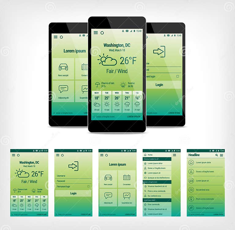 Vector Set of Green Mobile User Interface Design. Stock Vector ...