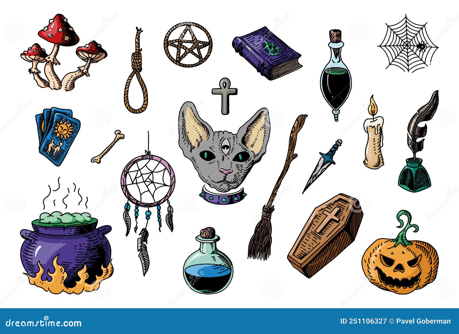 Vector Set of Halloween Elements, Magic Elements. Sketch Drawings ...