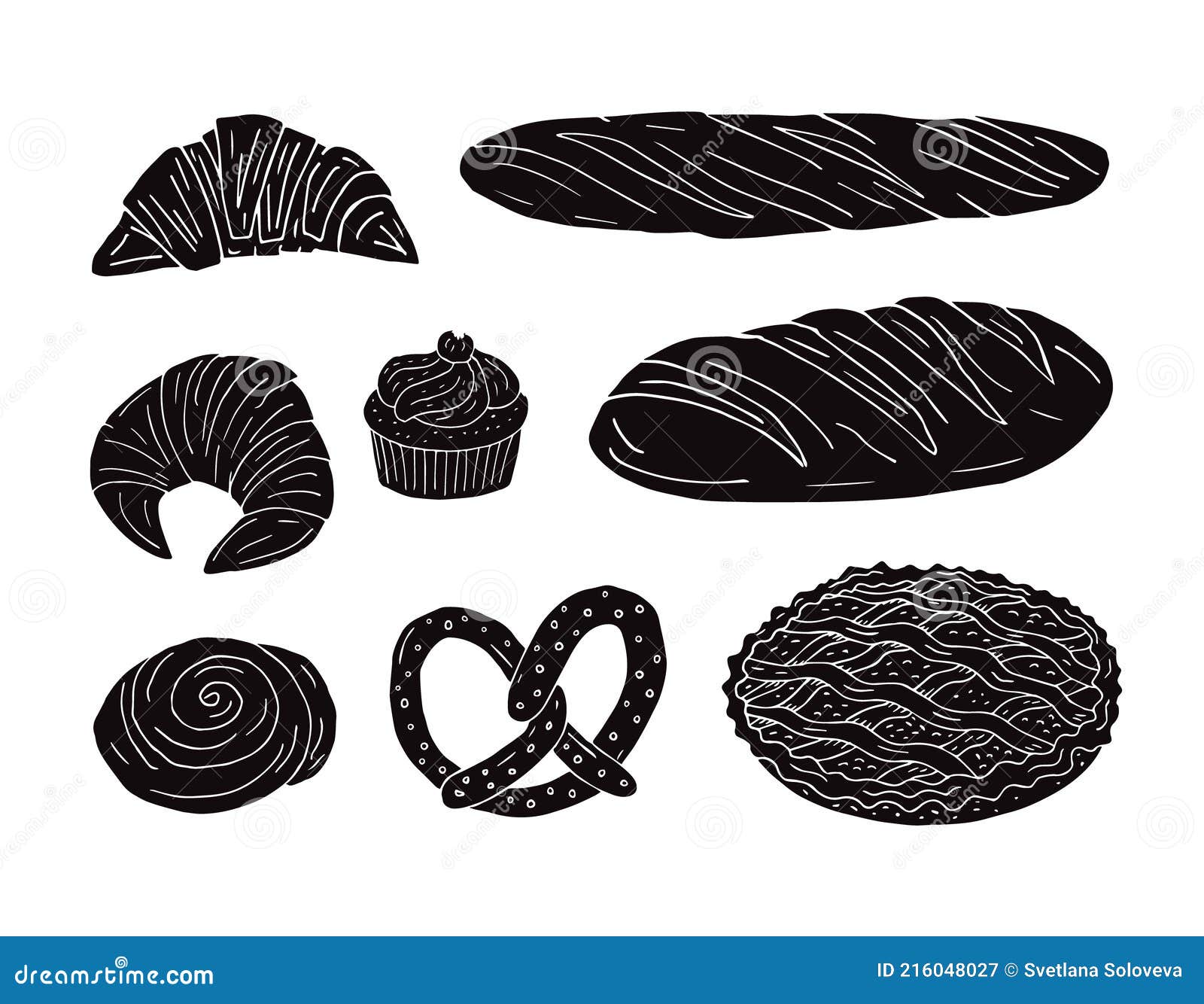 Vector Set of Hand Draw Black Bakery Bread and Bun Stock Vector ...
