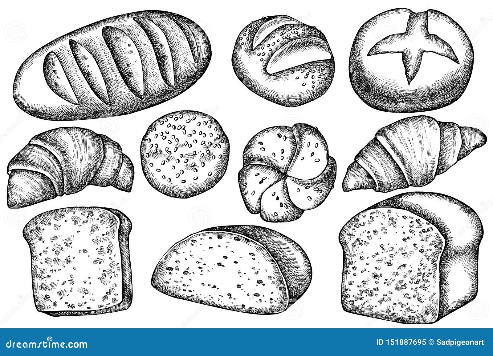 Vector Set of Hand Drawn Black and White Buns and Bread, Croissants and ...