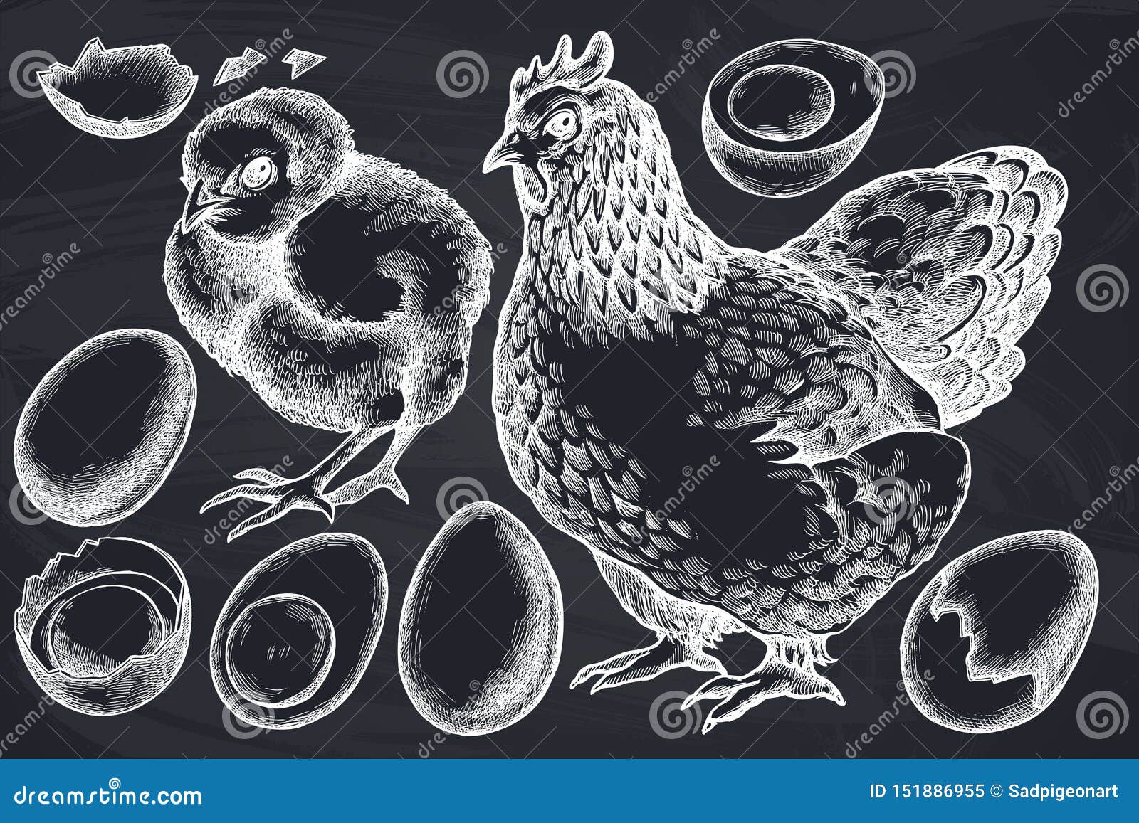 Vector Set of Hand Drawn Chalk Chicken, Eggs Stock Vector ...