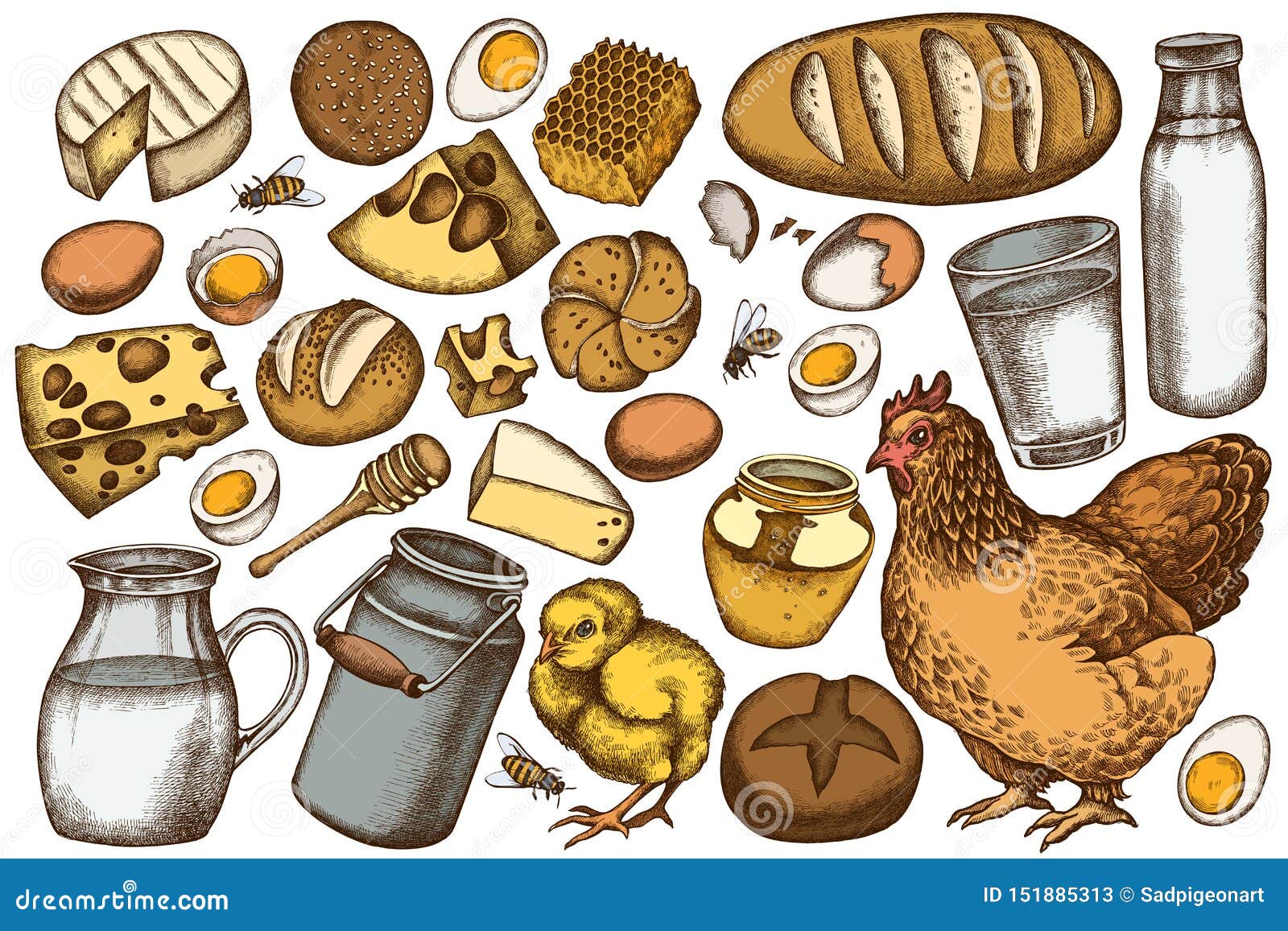 Vector Set of Hand Drawn Colored Milk, Cheese, Chicken, Eggs, Buns and ... Vector Set of Hand Drawn Colored Milk, Cheese, Chicken, Eggs, Buns and ...