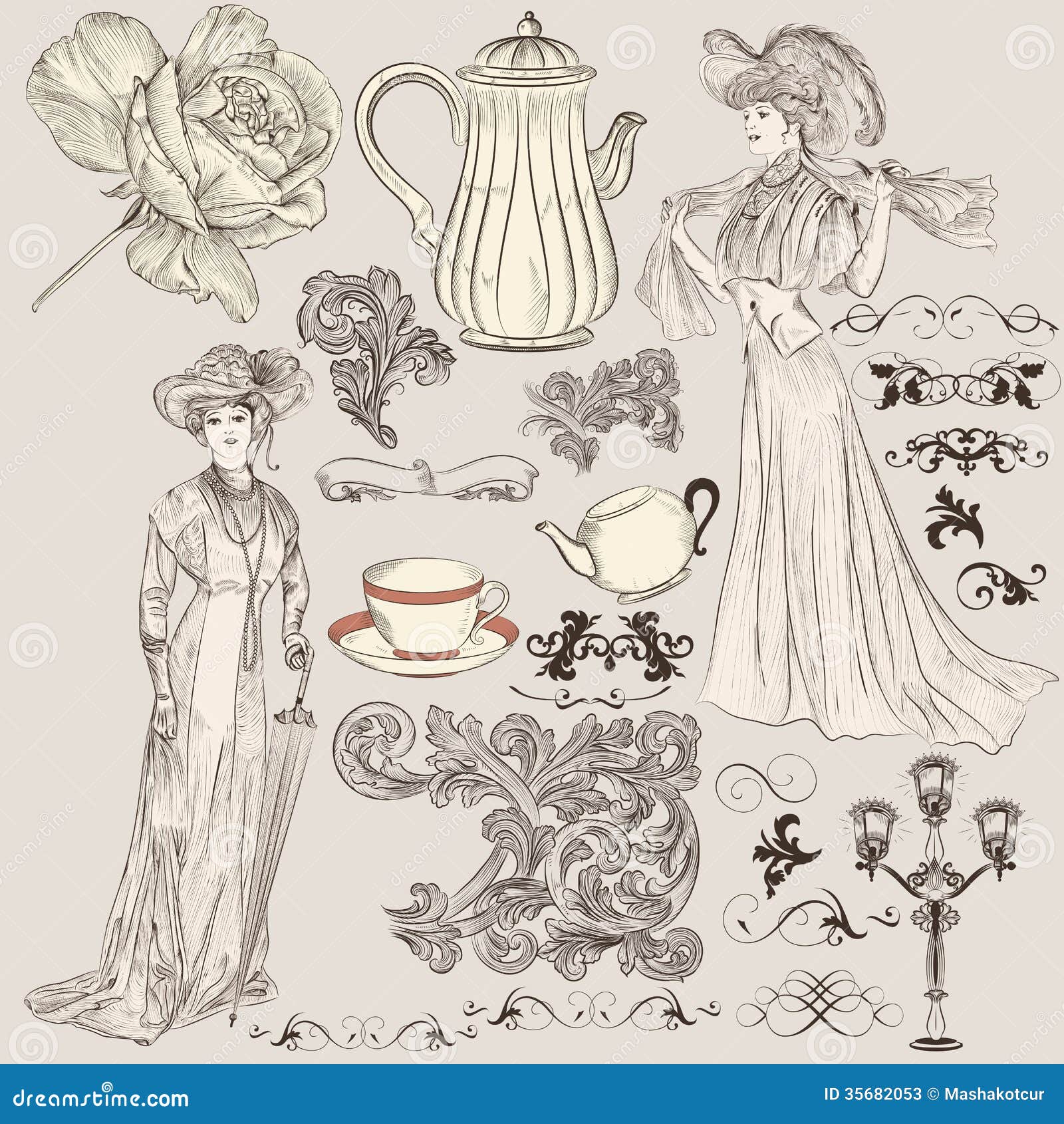 Vector Set of Hand Drawn Detailed Elements in Vintage Style Stock ...