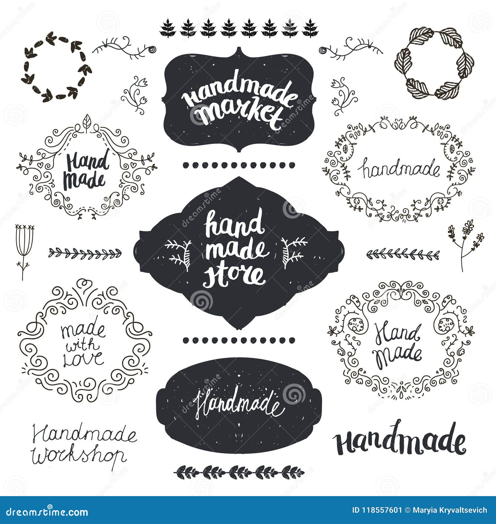 Vector Set of Hand Drawn Doodle Frames, Badges. Handmade, Workshop ...