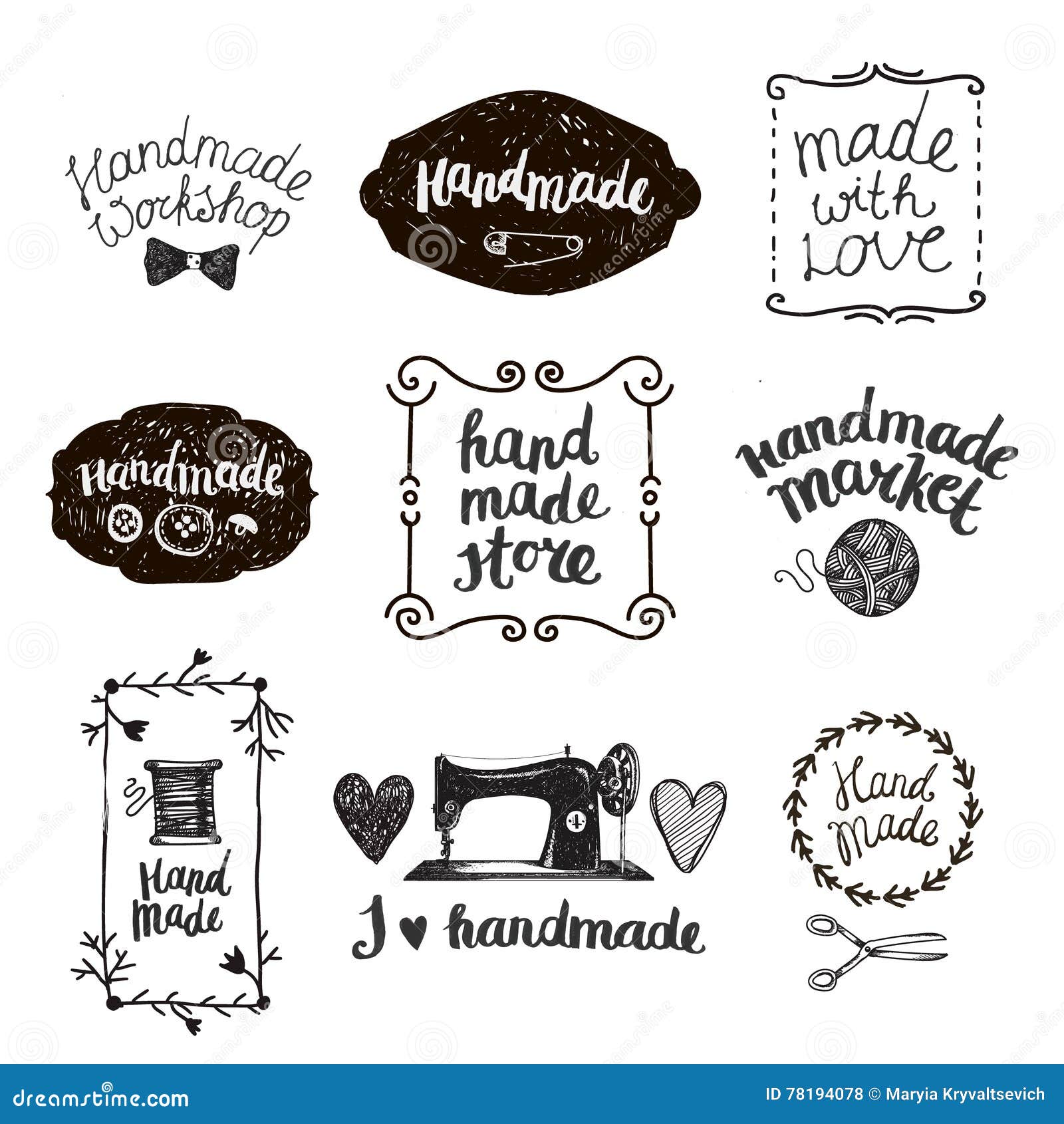 Vector Set of Hand Drawn Doodle Frames Badges. Handmade, Workshop Stock ...