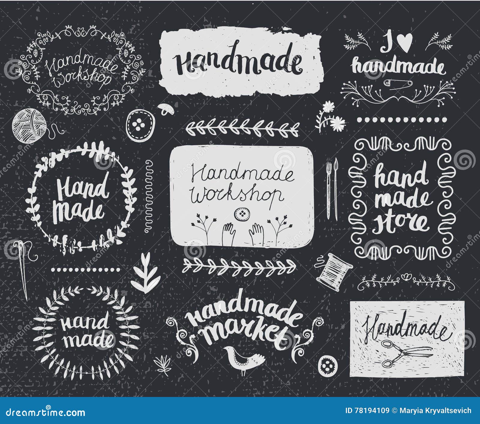 Vector Set of Hand Drawn Doodle Frames Badges. Handmade, Workshop Stock ...