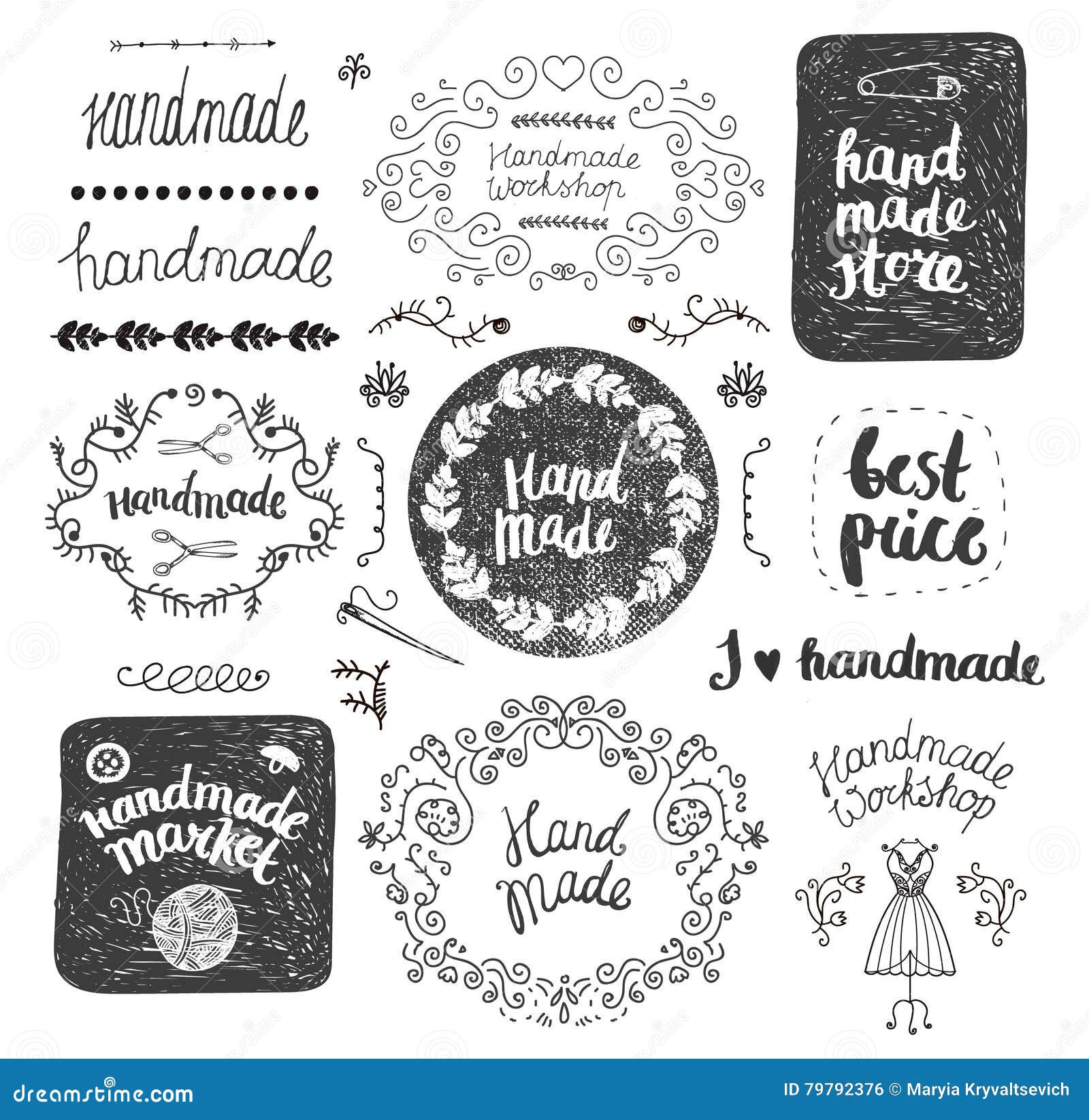Vector Set of Hand Drawn Doodle Frames, Badges. Handmade, Workshop ...