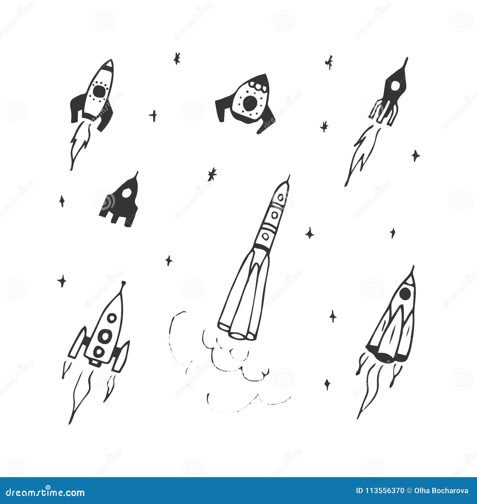 Vector Set Hand Drawn Doodle Rocket Icon and Rocket Silhouette Stock ...