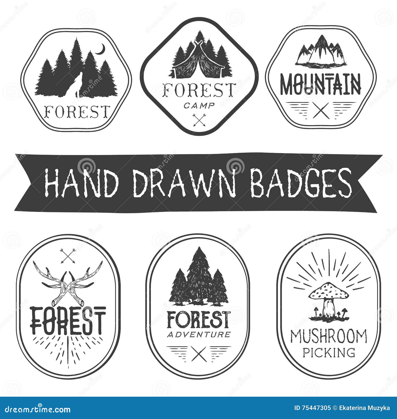 Vector Set of Hand Drawn Forest Camp Labels in Vintage Style. Logotype ...