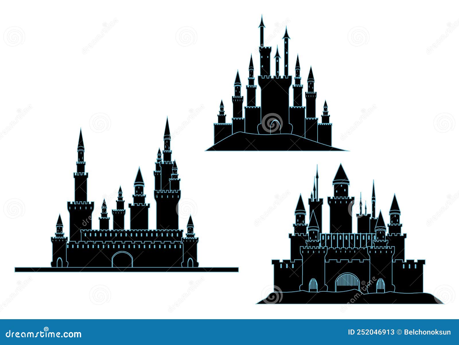 Vector Set with Hand Drawn Gothic Castles, Blue and Black Colors Stock ...