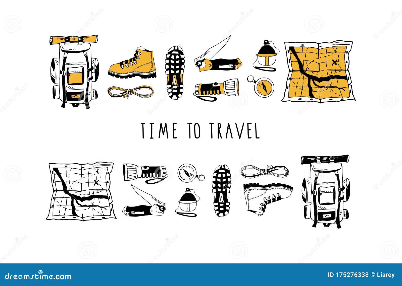 Vector Set of Hand Drawn Isolated Elements. Hiking Gear for Camping ...