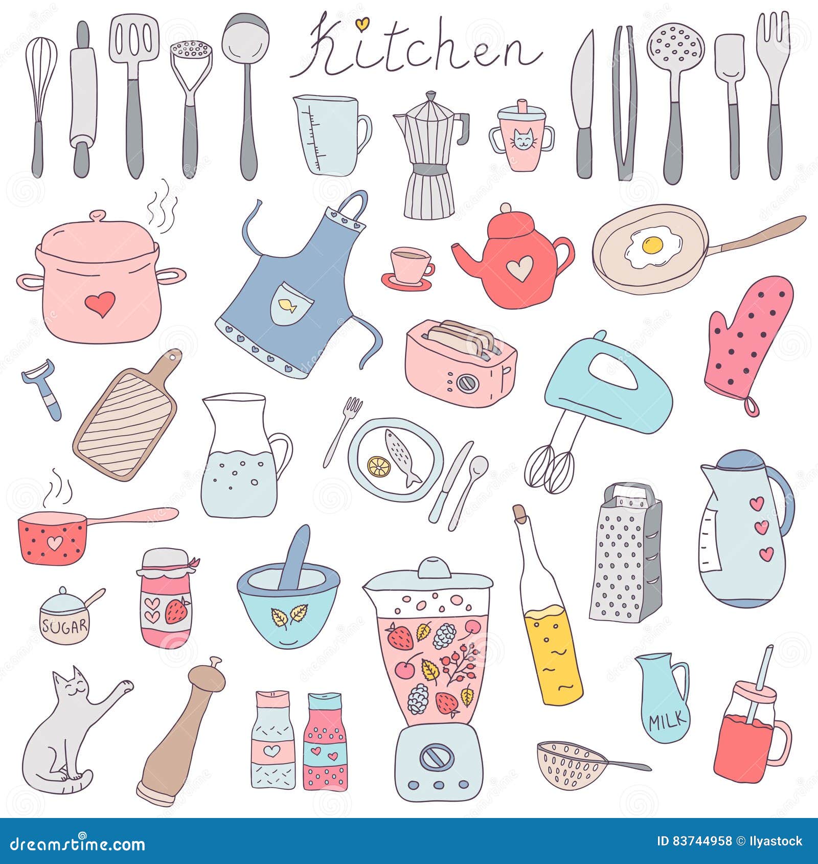 Vector Set of Hand Drawn Kitchen Themed Objects and Appliances. Stock ...