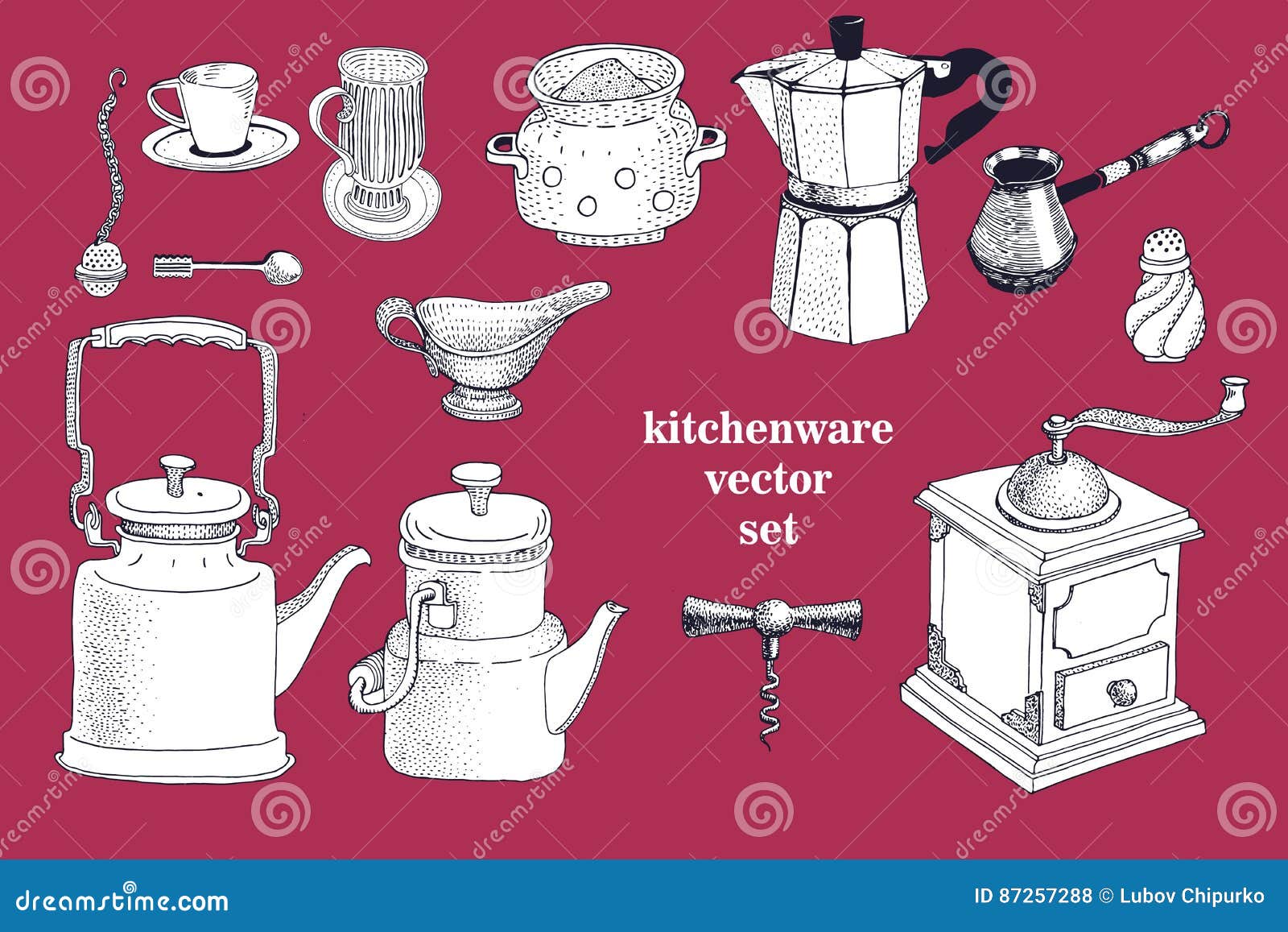 Vector Set of Hand Drawn Kitchenware. Stock Vector - Illustration of ...