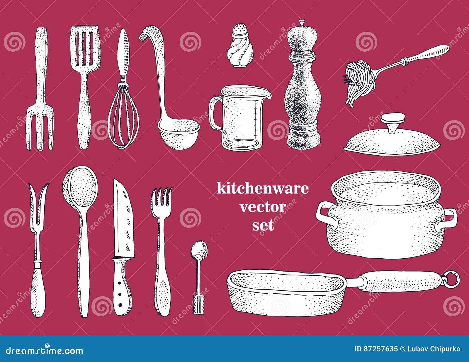 Vector Set of Hand Drawn Kitchenware. Stock Vector - Illustration of ...