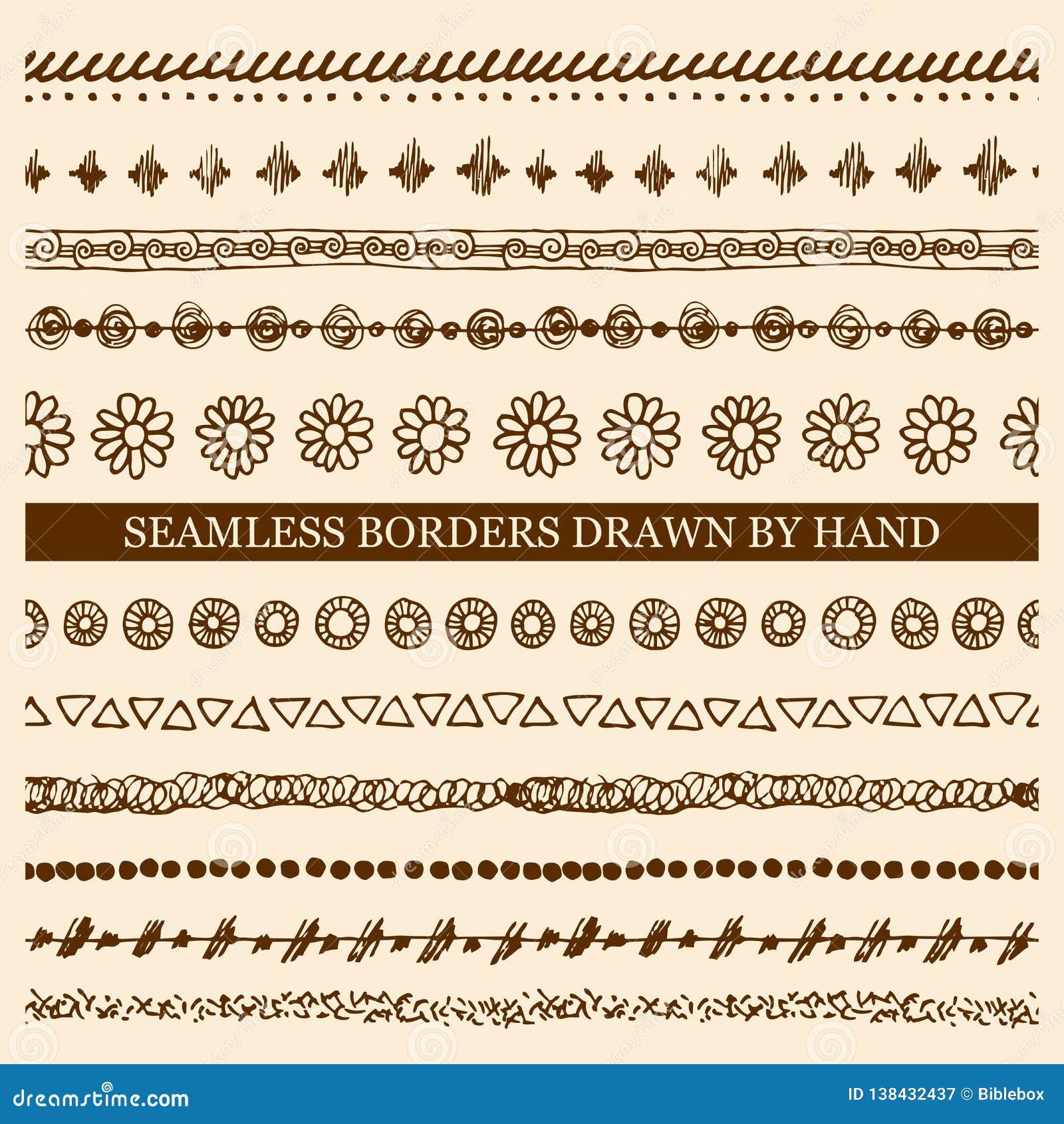 Vector Set of Hand Drawn Seamless Borders Made with Ink. Freehand ...