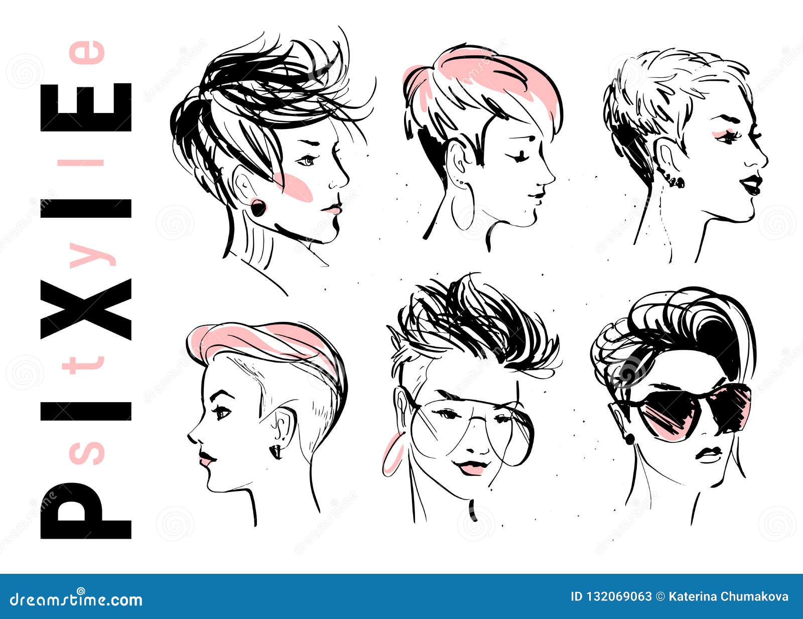 Vector Set of Hand Drawn Young Beautiful Ladies with Modern Pixie Cut ...