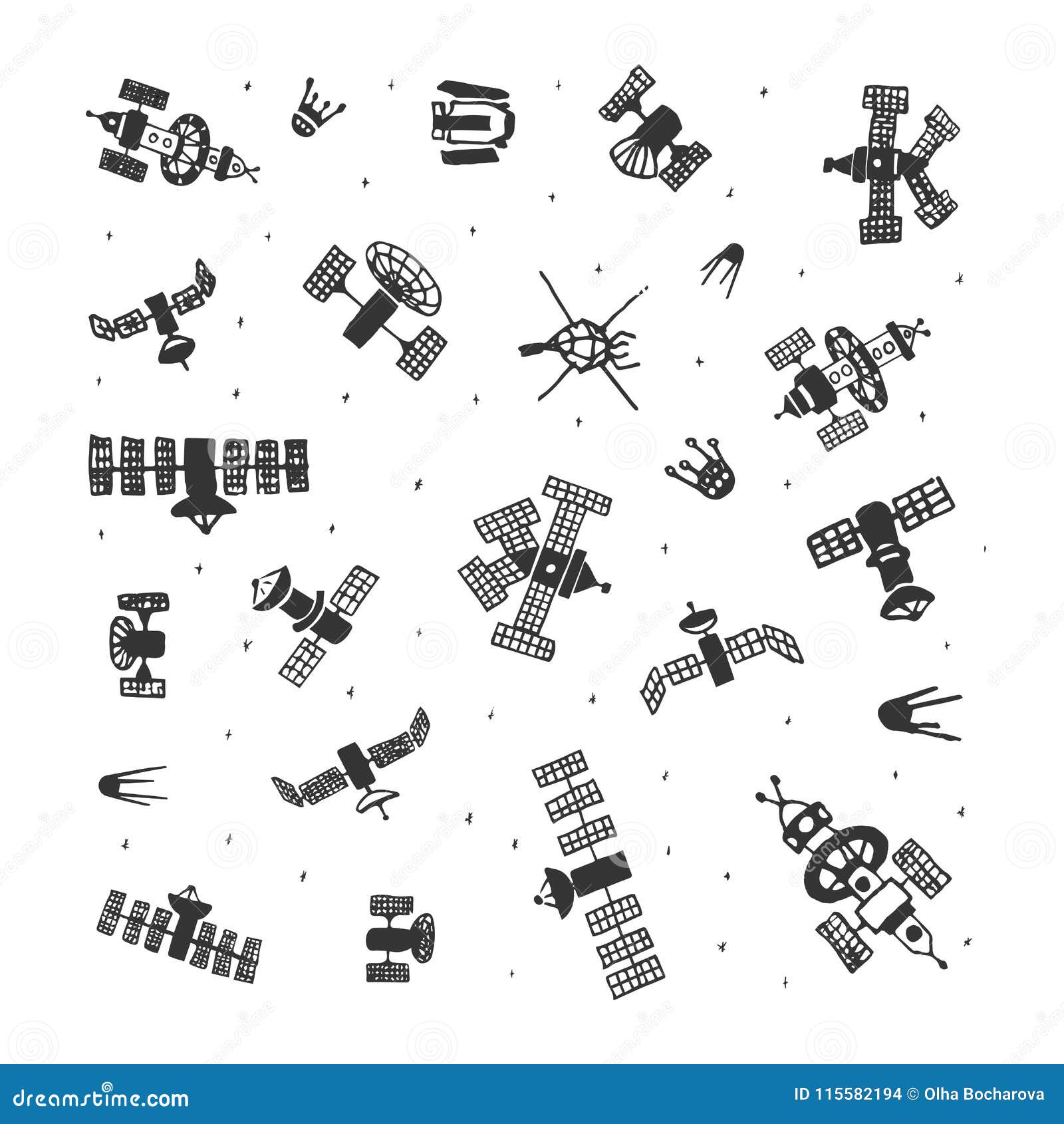 Vector Set of Hand Painted Doodle Space Satellite. Sketch Space Stock ...