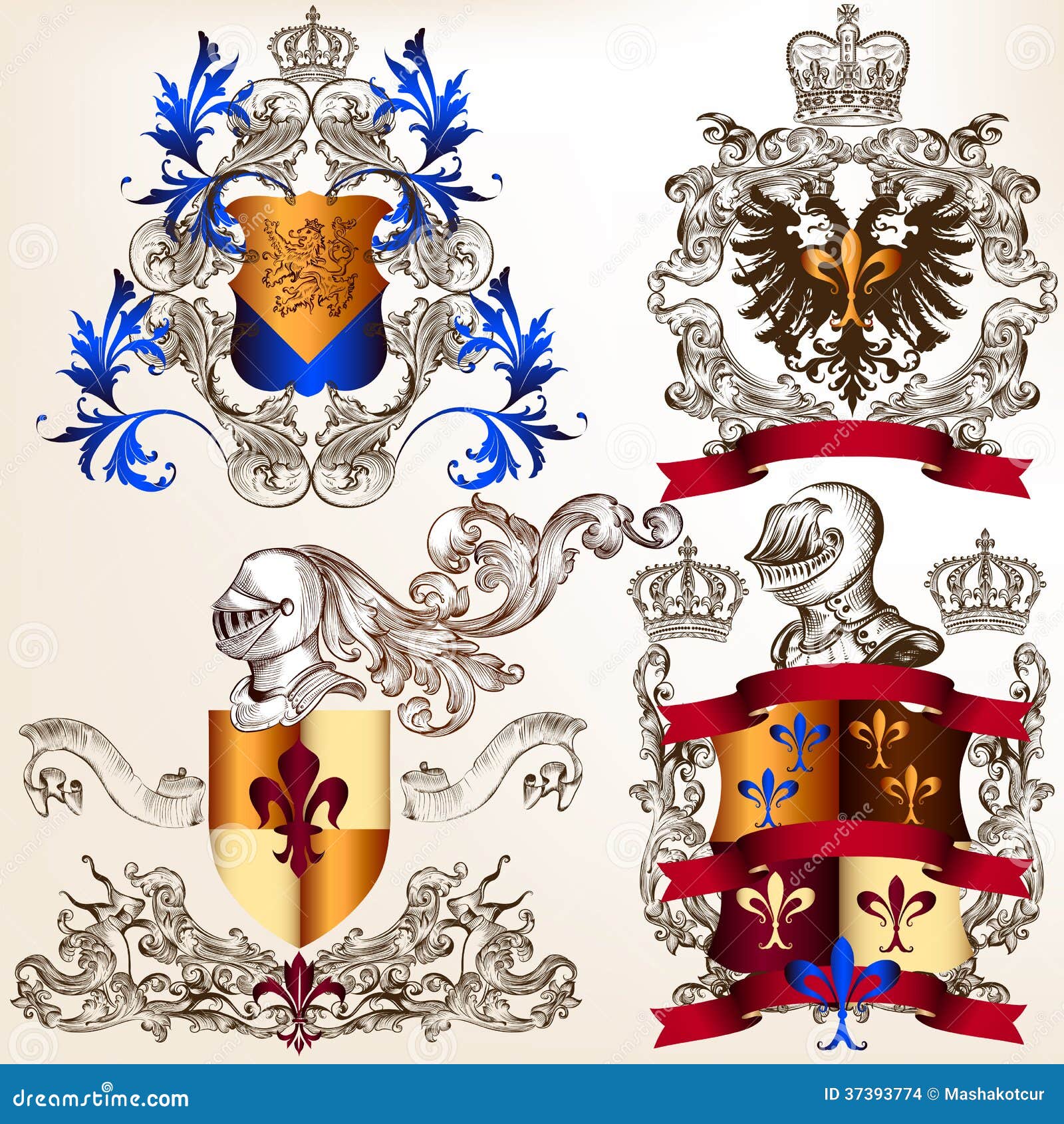 Vector Set of Heraldic Shields in Vintage Style Stock Vector ...