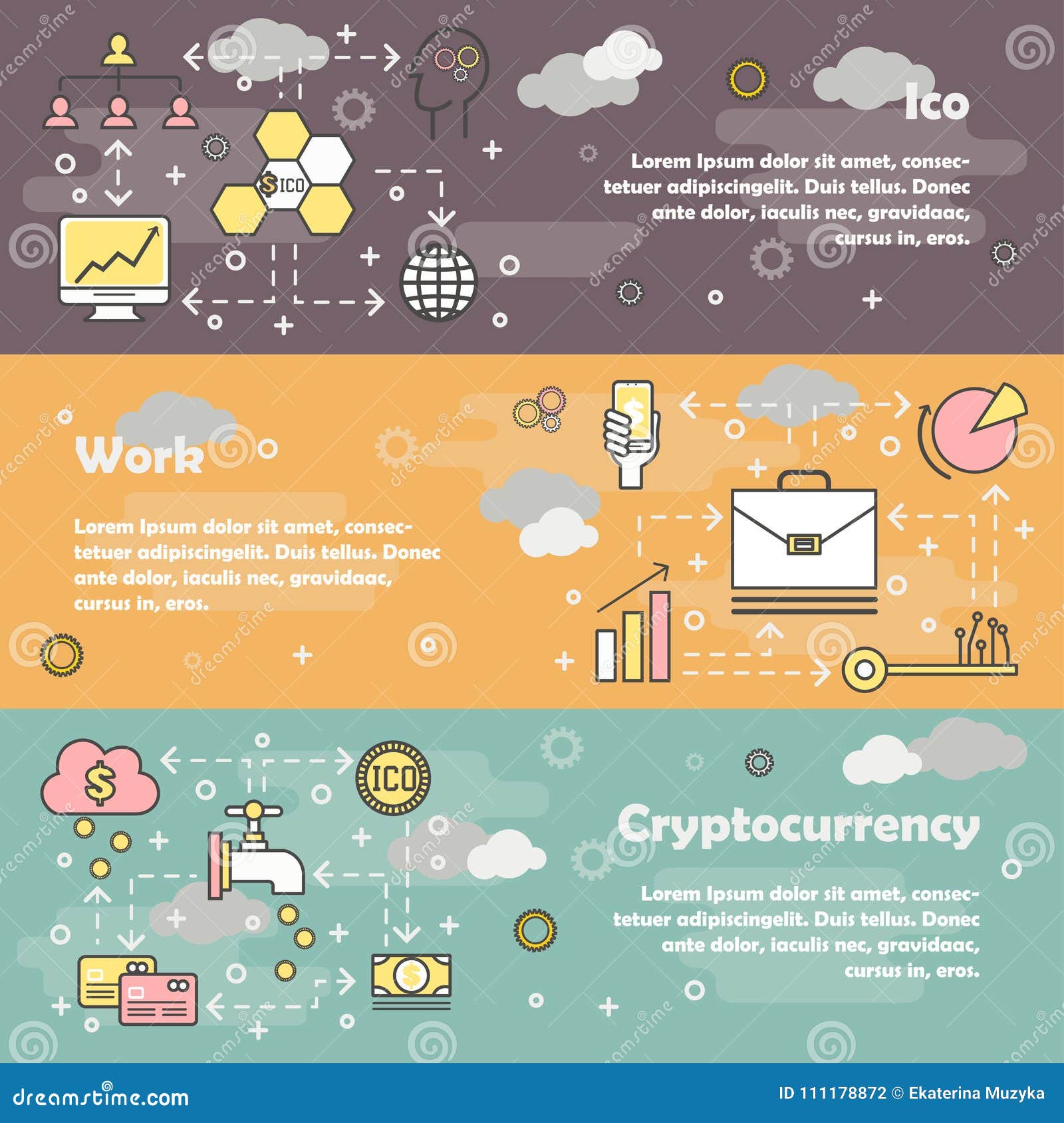 Initial Coin Offering Concept Vector Flat Line Art Banner Set Stock ...