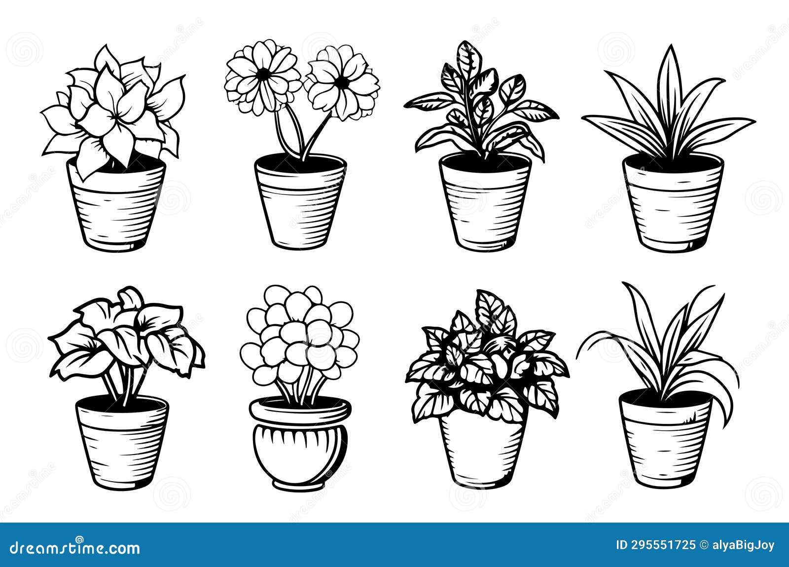 Vector Set of House Plants in Pots, Outline Drawings on a White ...