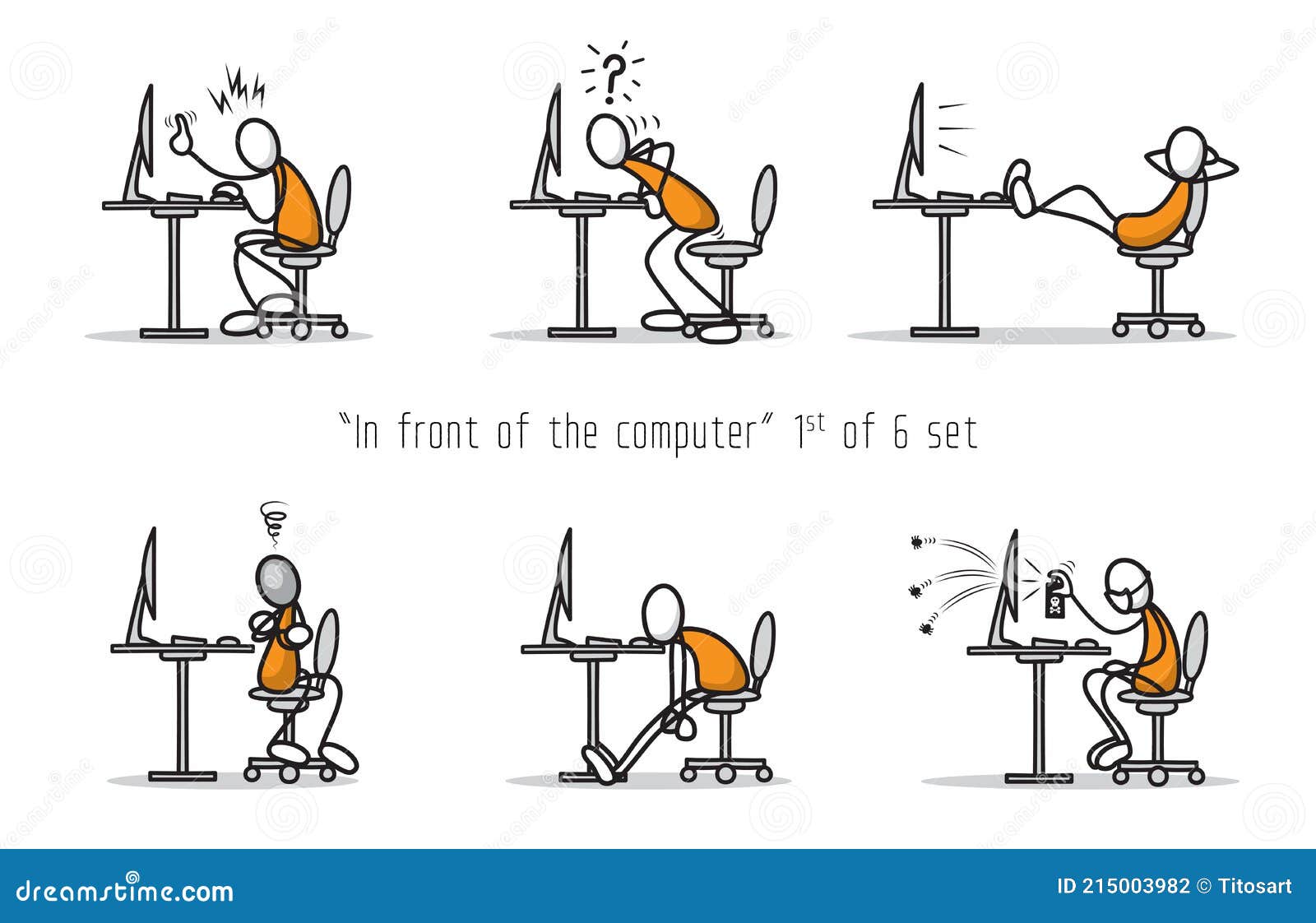 Vector Set of Humor Cartoon Man in Front of a Computer. Print ...