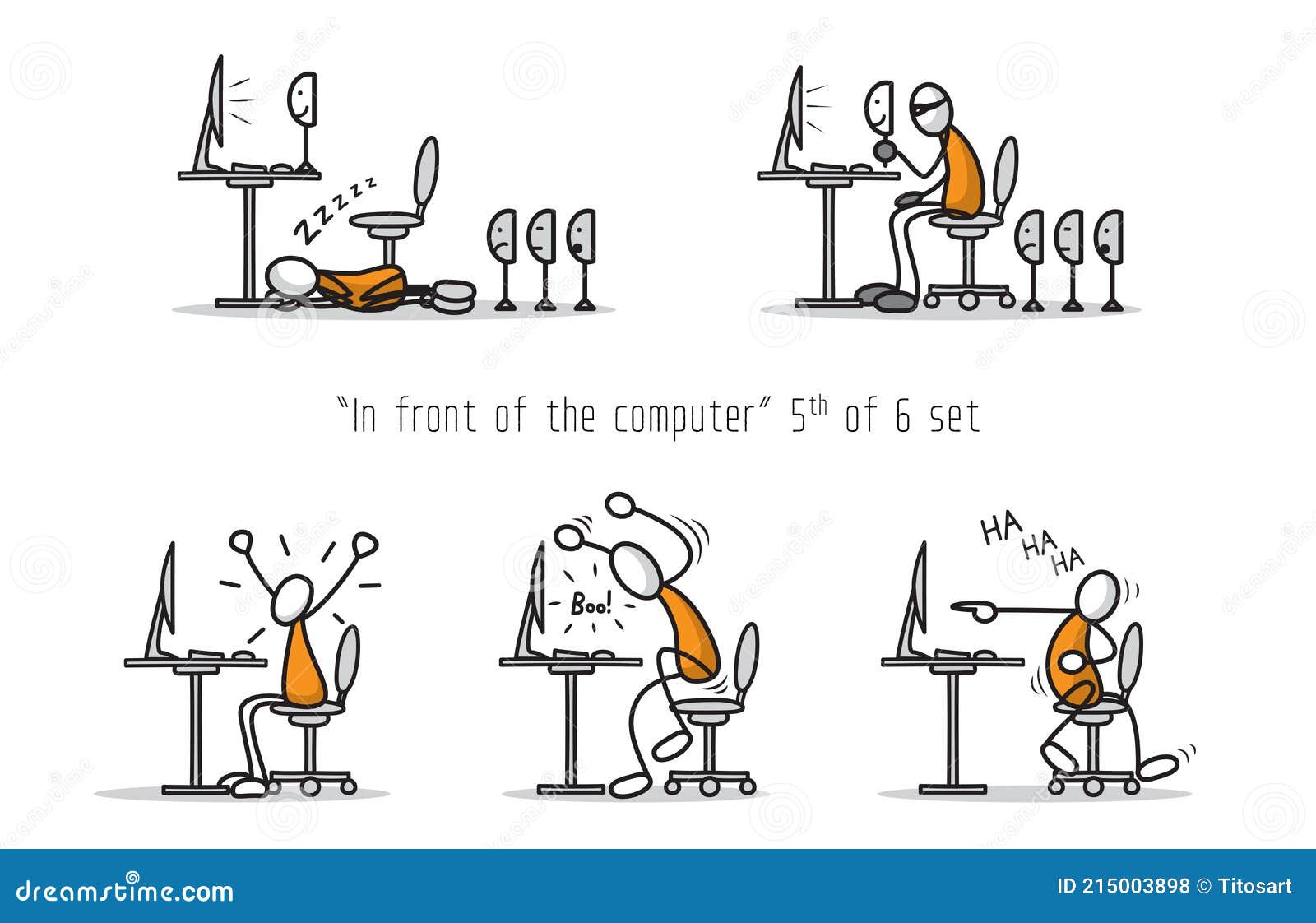 Vector Set of Humor Cartoon Man in Front of a Computer. Print ...