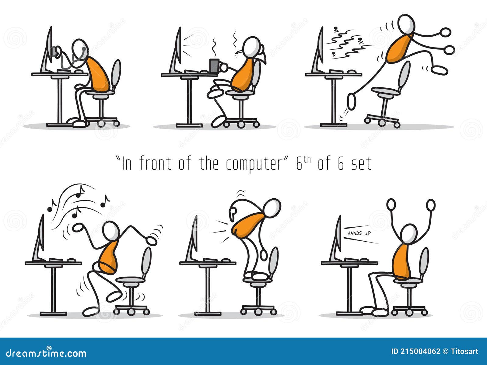 Vector Set of Humor Cartoon Man in Front of a Computer. Print ...