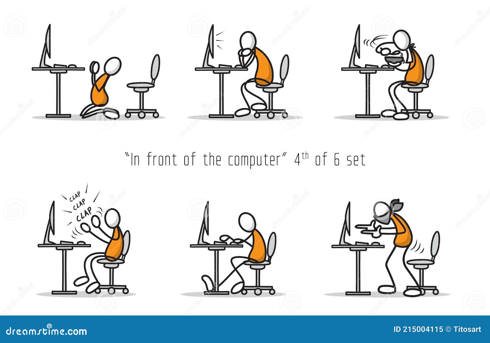 Vector Set of Humor Cartoon Man in Front of a Computer. Print ...