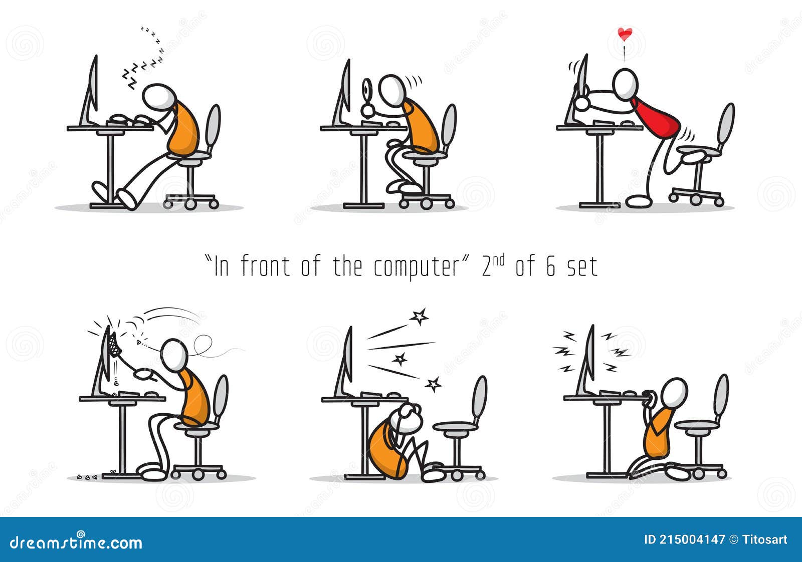 Vector Set of Humor Cartoon Man in Front of a Computer. Print ...