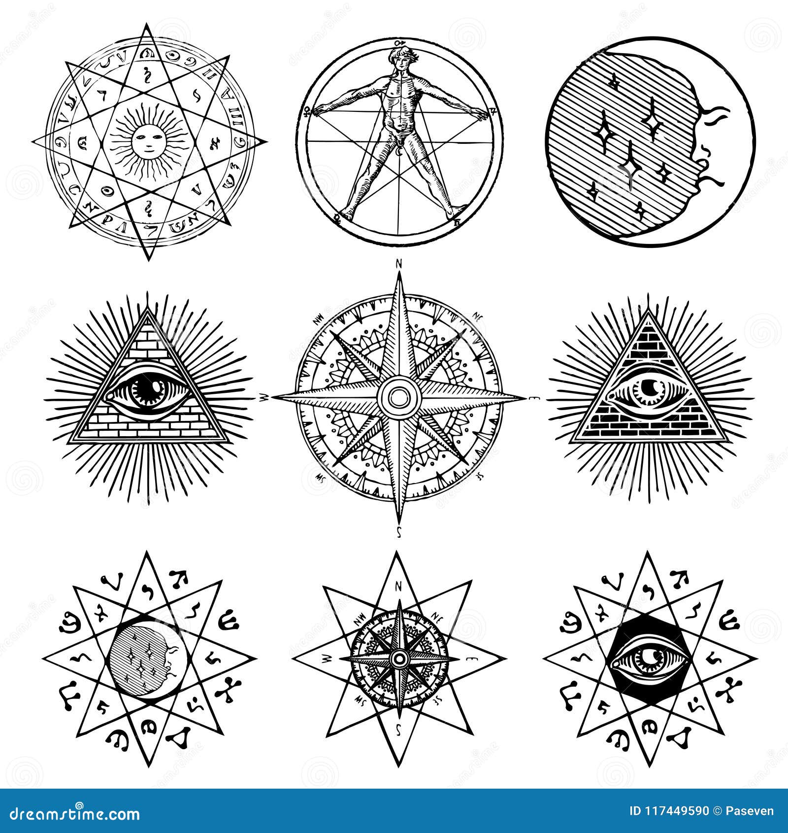 Set Of Icons On Theme Of Magic, Esoteric, Masons Vector Illustration ... Set Of Icons On Theme Of Magic, Esoteric, Masons Vector Illustration ...