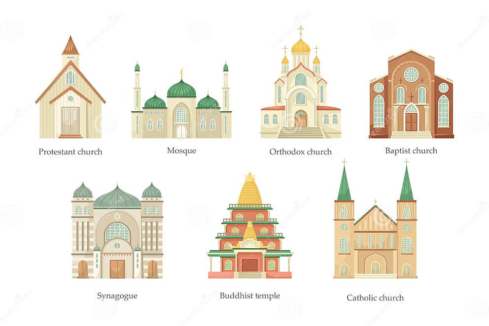 Vector Set of Illustrations of Churches of Different Religious ...